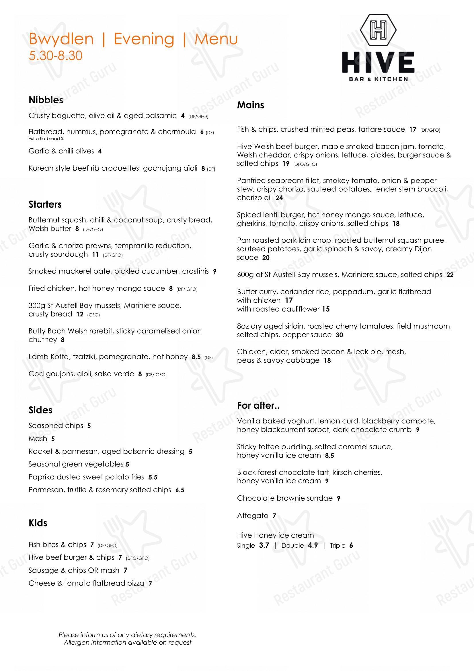 Menu at The Hive restaurant, Aberaeron
