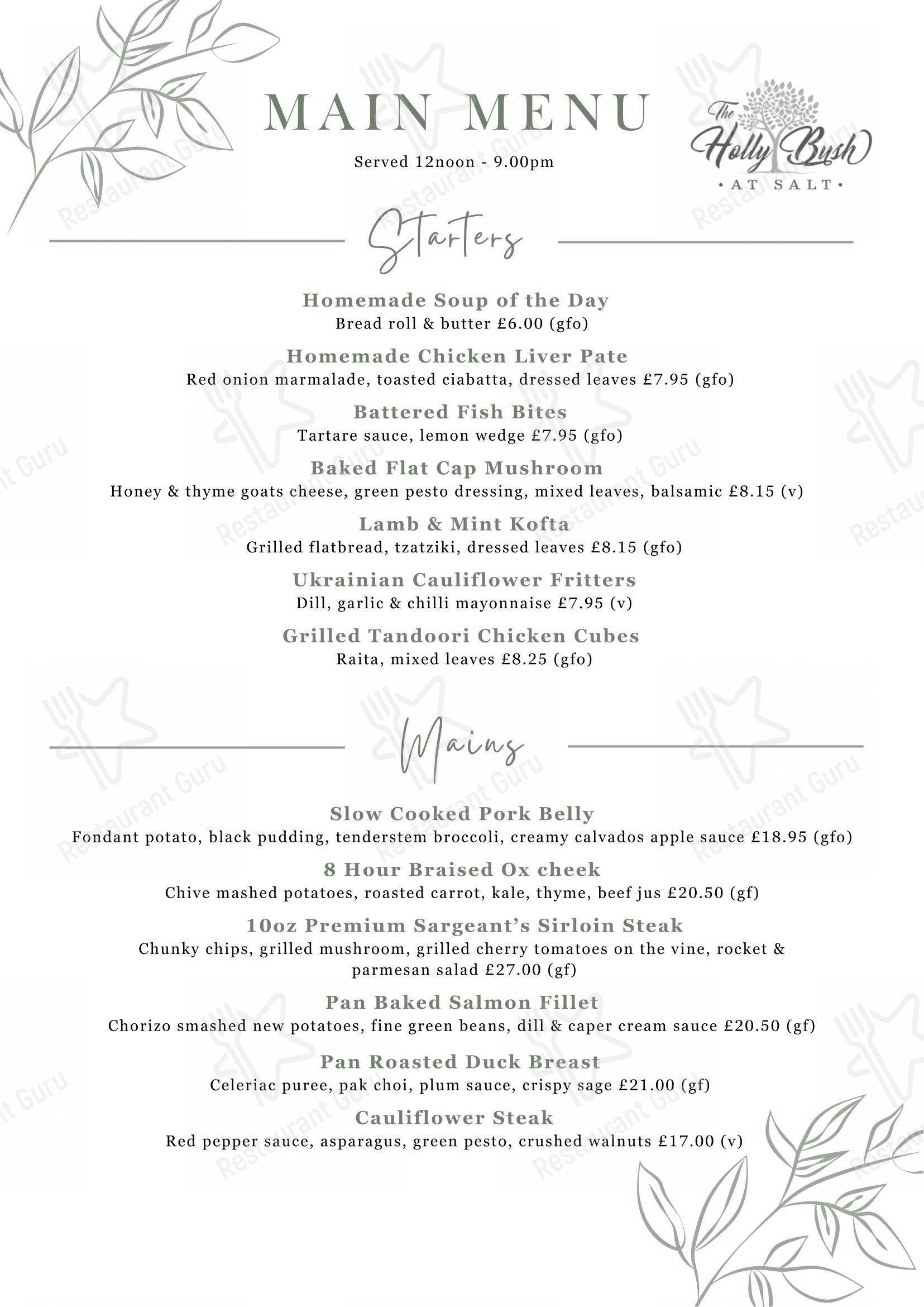 Menu at The Holly Bush at Salt pub & bar, Stafford
