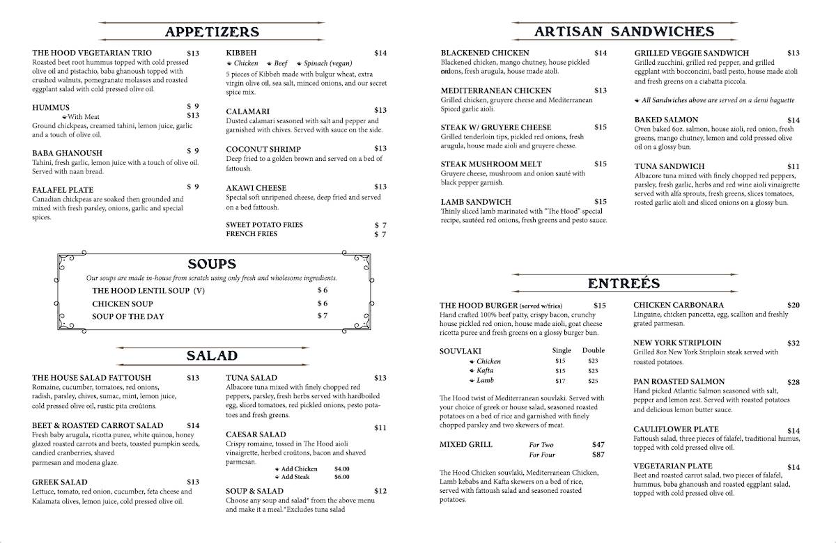 Menu at The Hood restaurant, Burlington