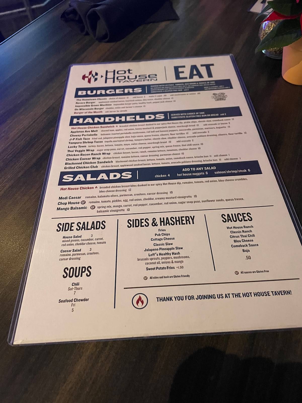 Menu at The Hot House Tavern restaurant, Menomonee Falls