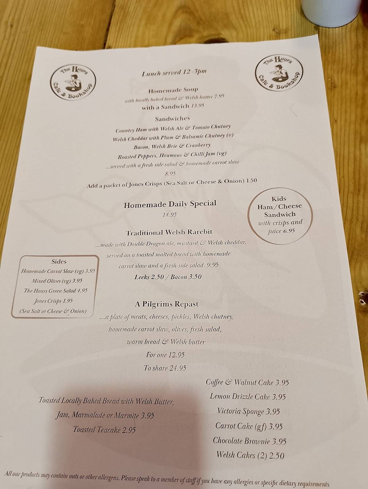 Menu at The Hours Cafe & Bookshop at Brecon Cathedral, Brecon