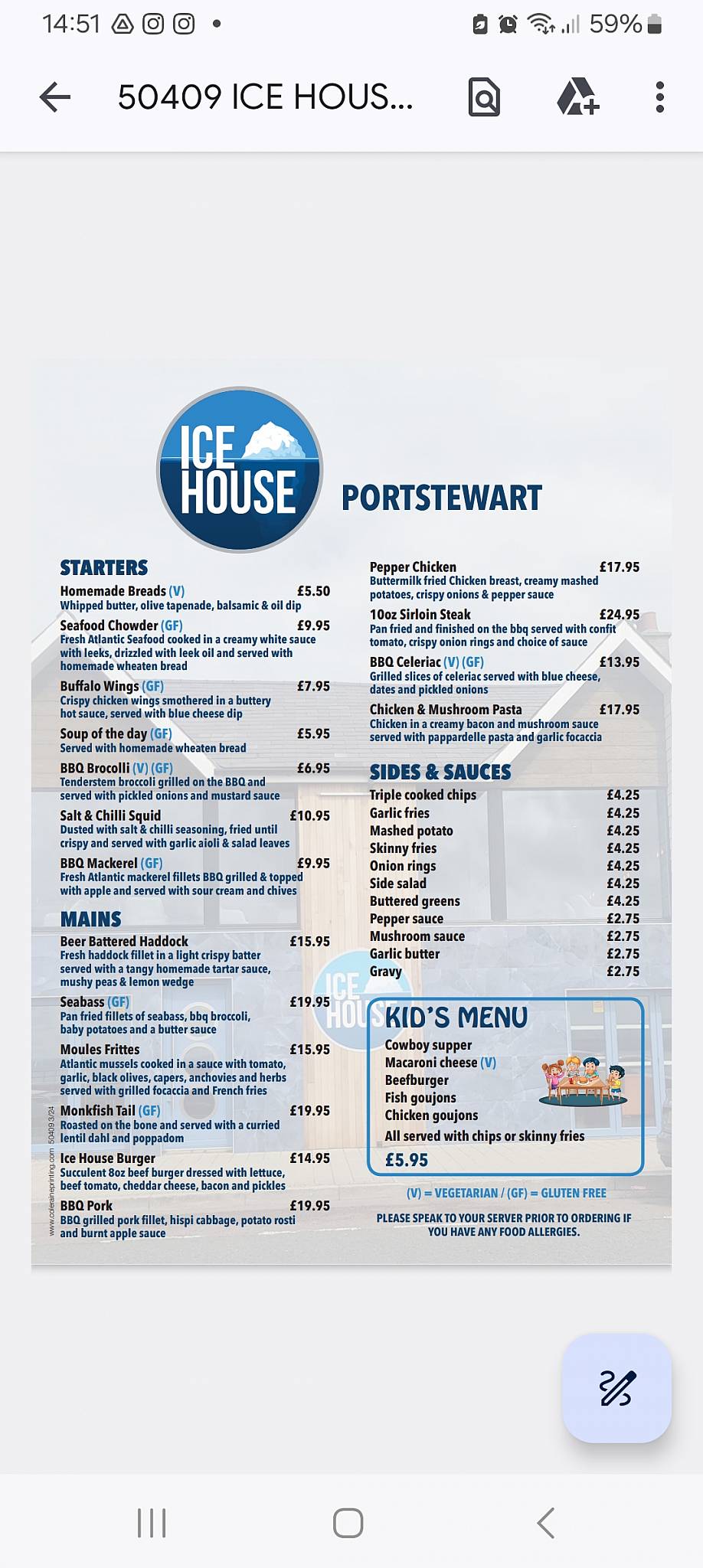 Menu at The Ice House restaurant, Portstewart