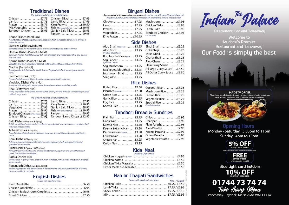 Menu at The Indian Palace restaurant, St Helens