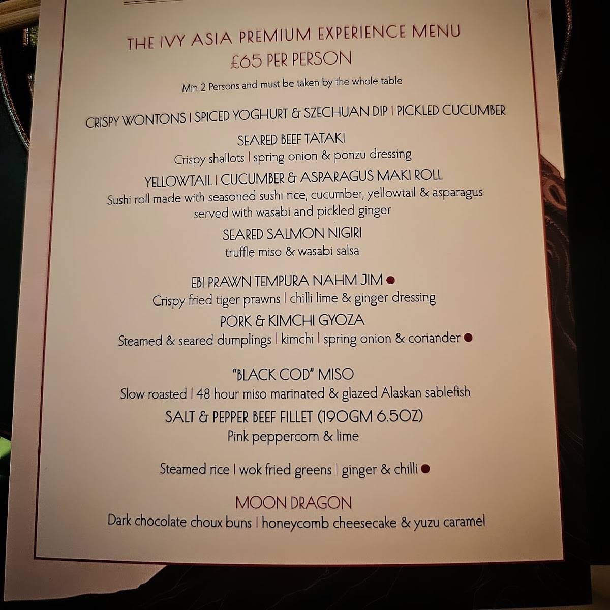 Menu at The Ivy Asia Chelsea restaurant, London