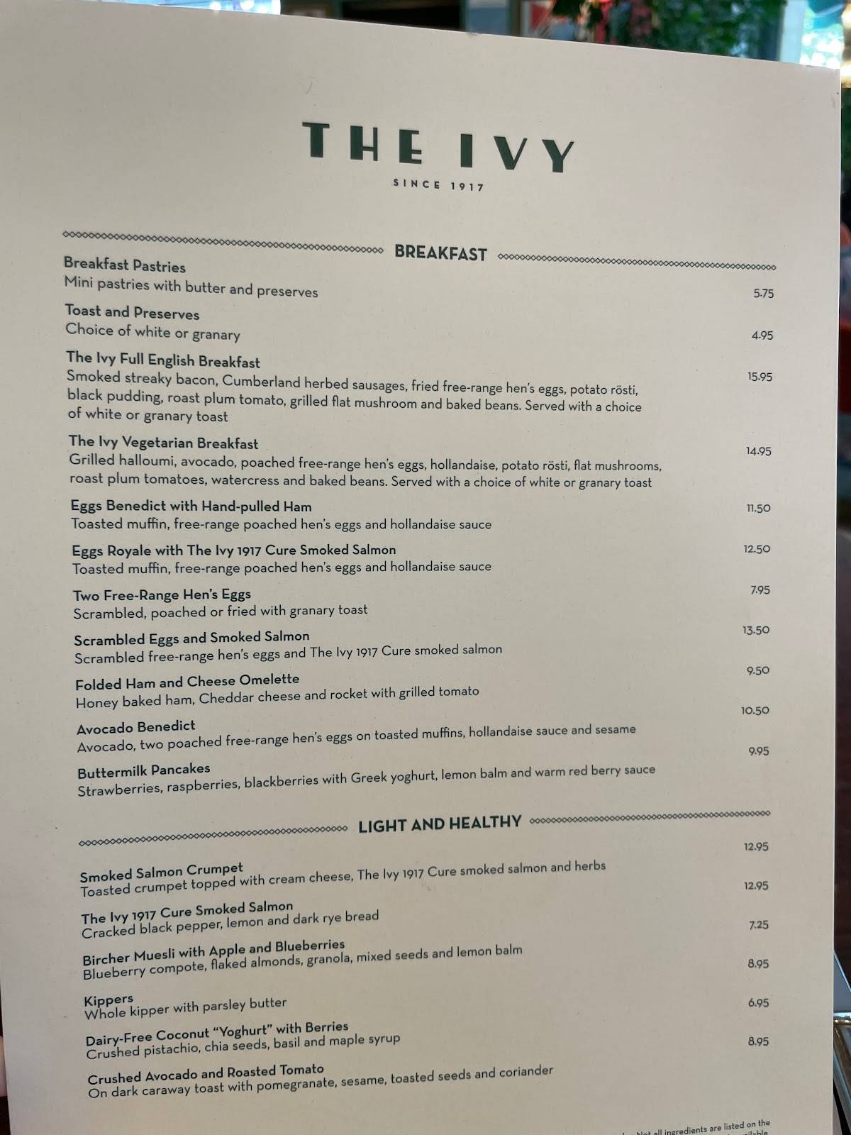 Menu at The Ivy Temple Row restaurant, Birmingham