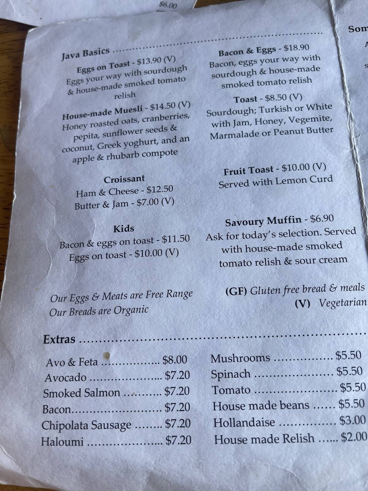 Carta del restaurante The Java Lounge Paddington, Paddington