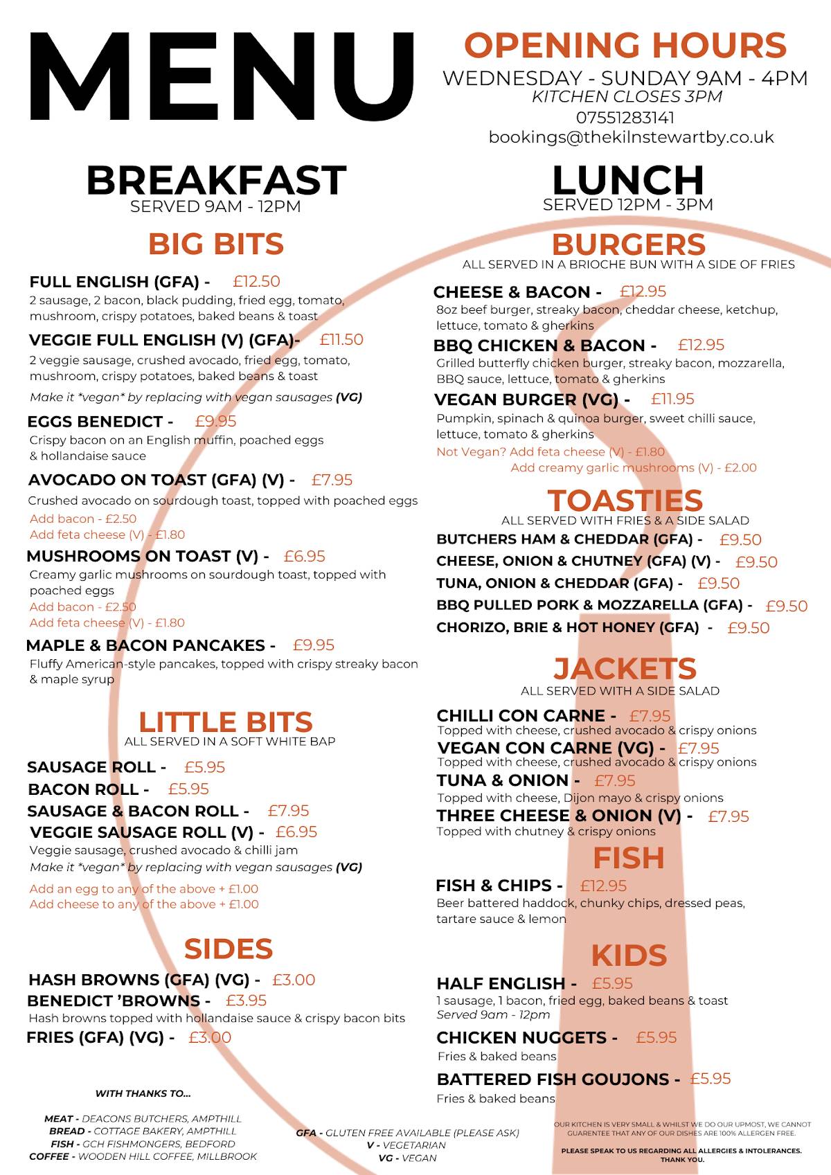 Menu at The Kiln restaurant, Stewartby