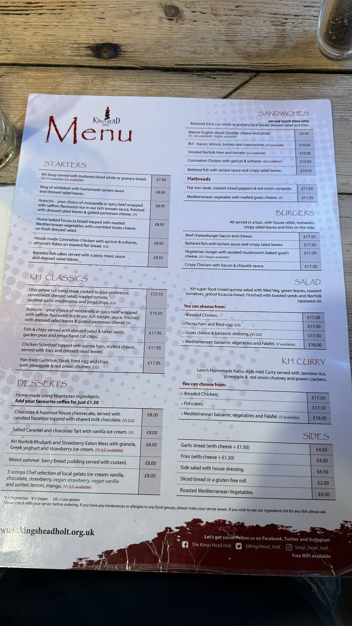 Menu at The Kings Head pub & bar, Holt, 19 High St