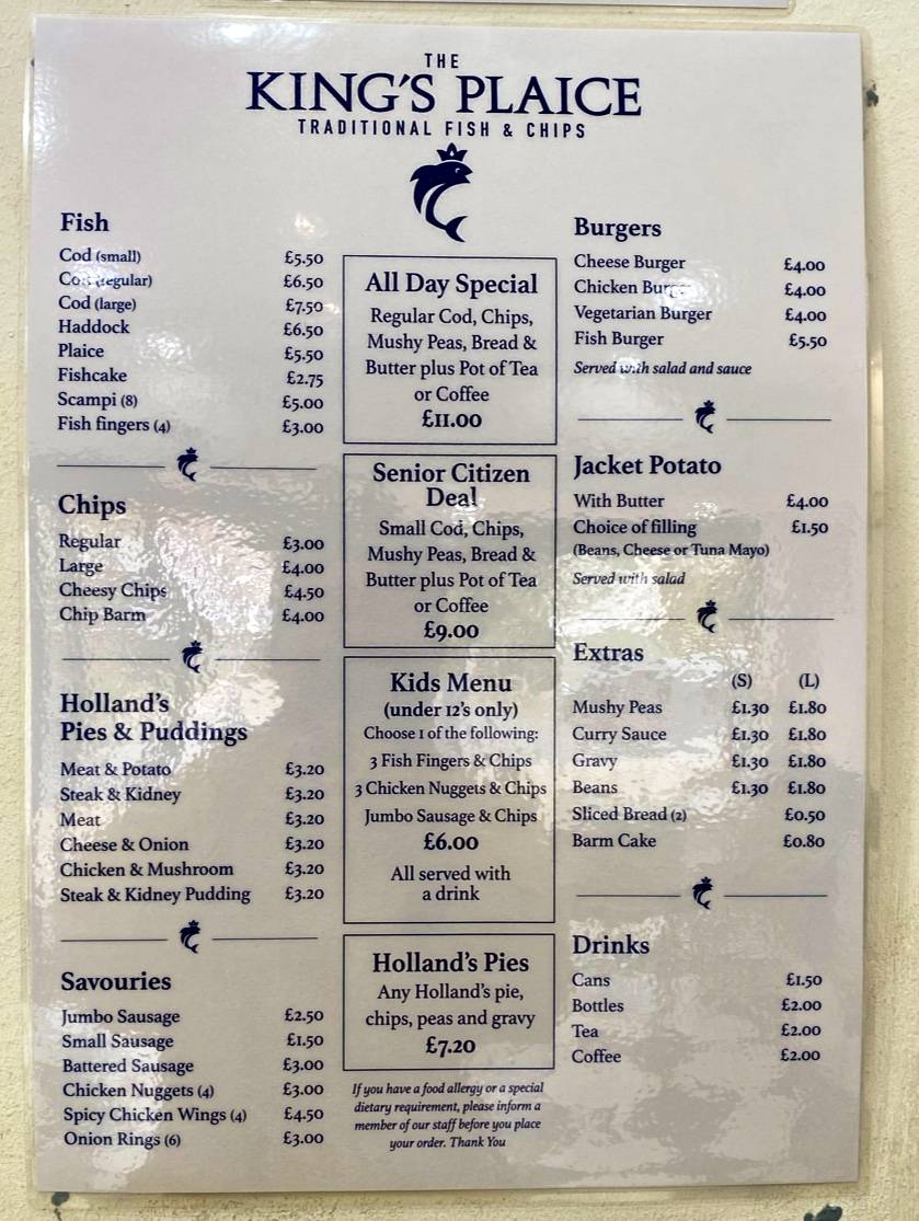 Menu at The Kings Plaice fast food, Southport