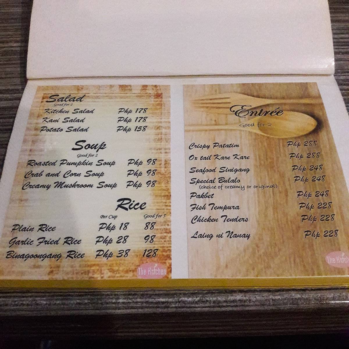 Menu at The Kitchen restaurant, Baguio