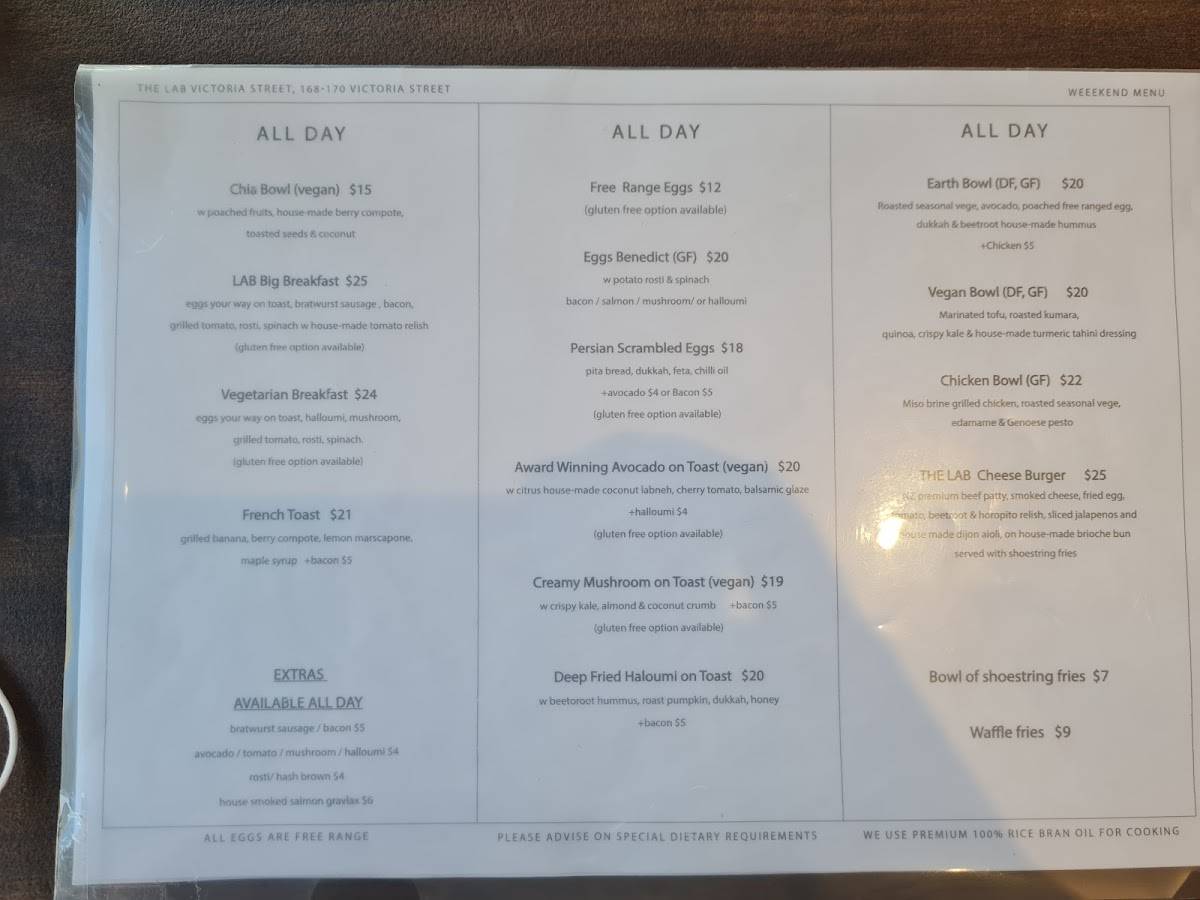 Menu at The Lab Cafe, Wellington, 170 Victoria St