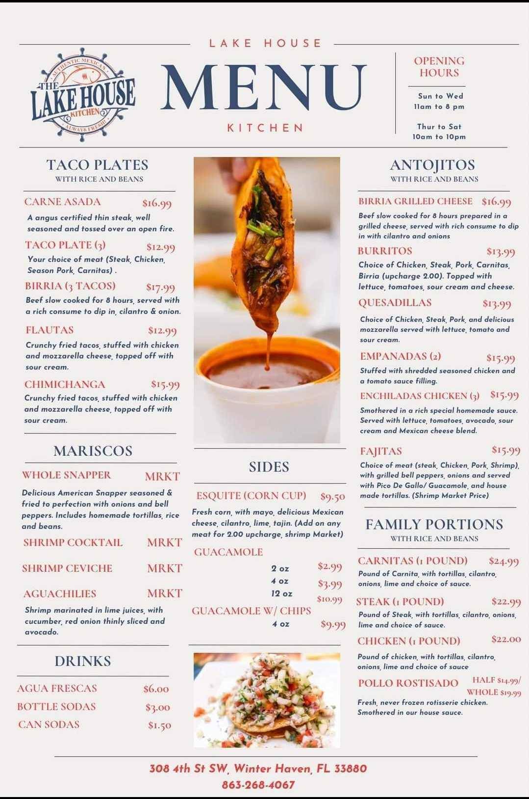 Menu at The Lake House Kitchen restaurant, Winter Haven, Cypress Gardens Rd