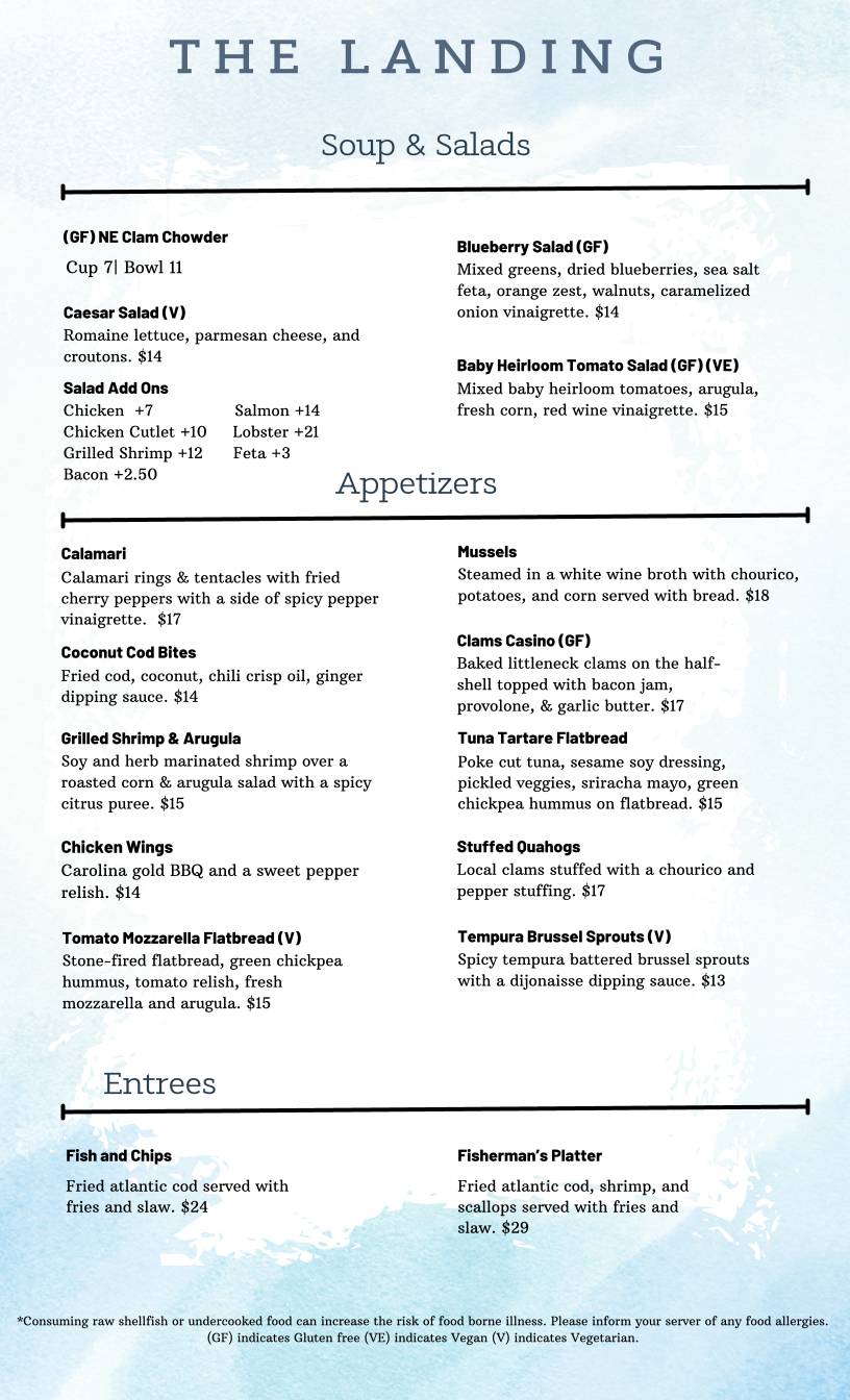 Menu at The Landing Restaurant, Newport