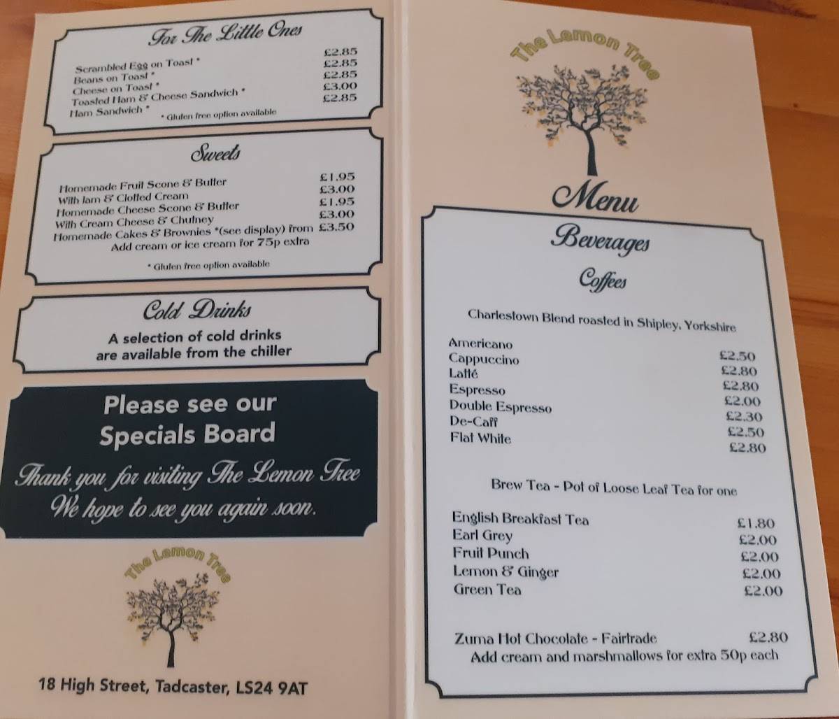 Menu at The Lemon Tree cafe, Tadcaster