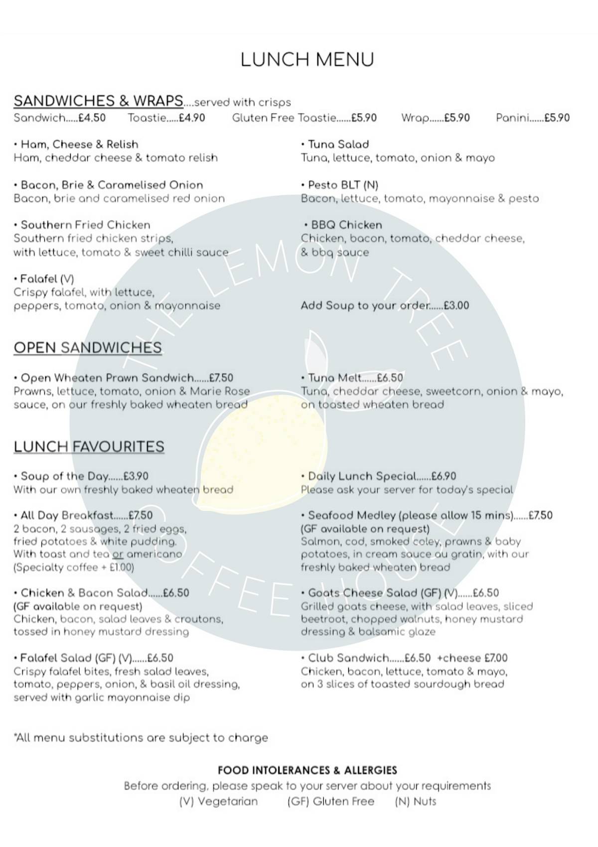 Menu at The Lemon Tree Coffee House, Belleek