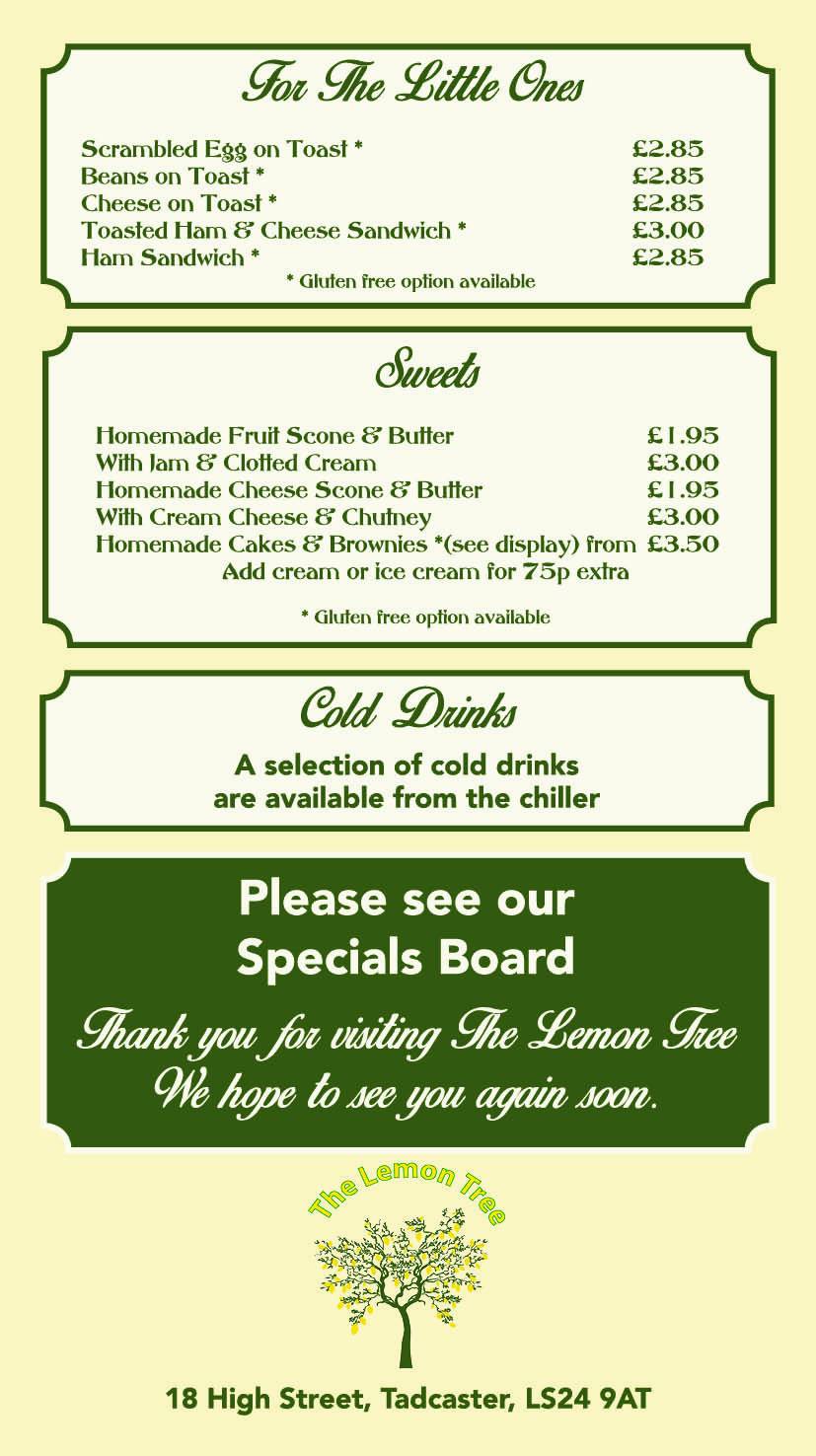 Menu at The Lemon Tree cafe, Tadcaster