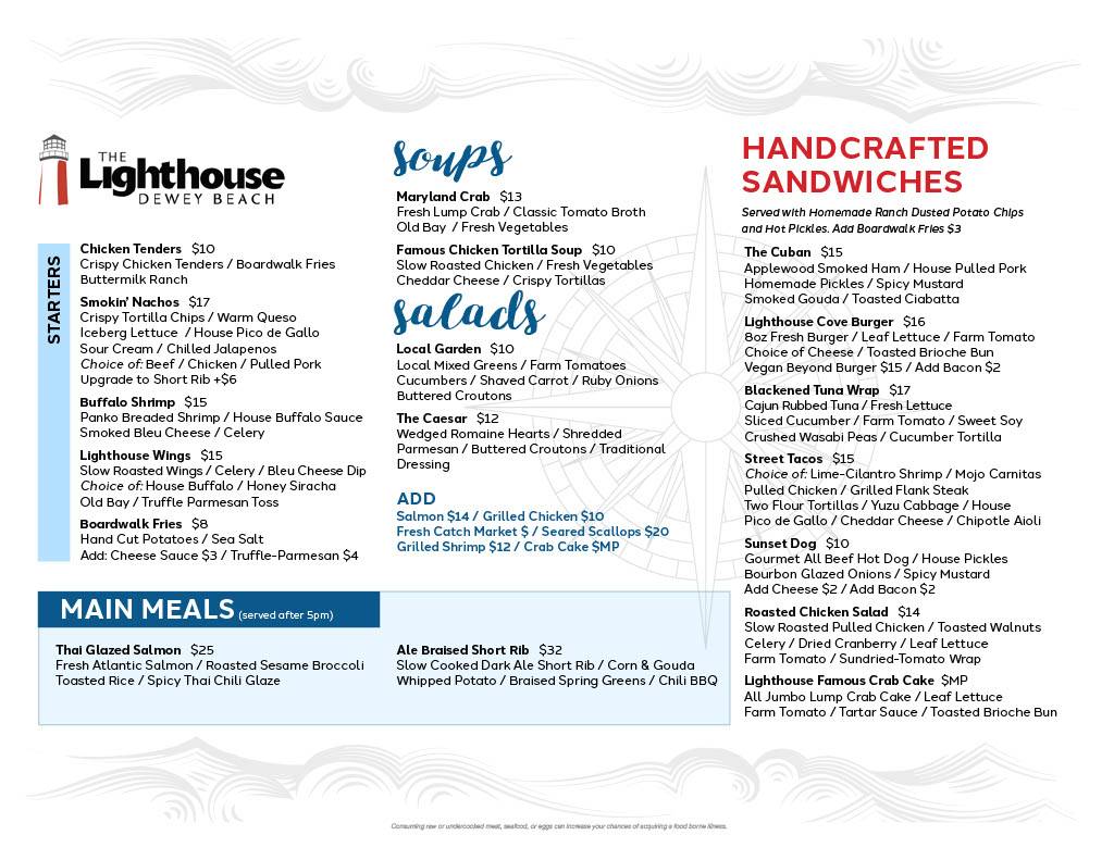 Menu at The Lighthouse Dewey Beach pub & bar, Dewey Beach