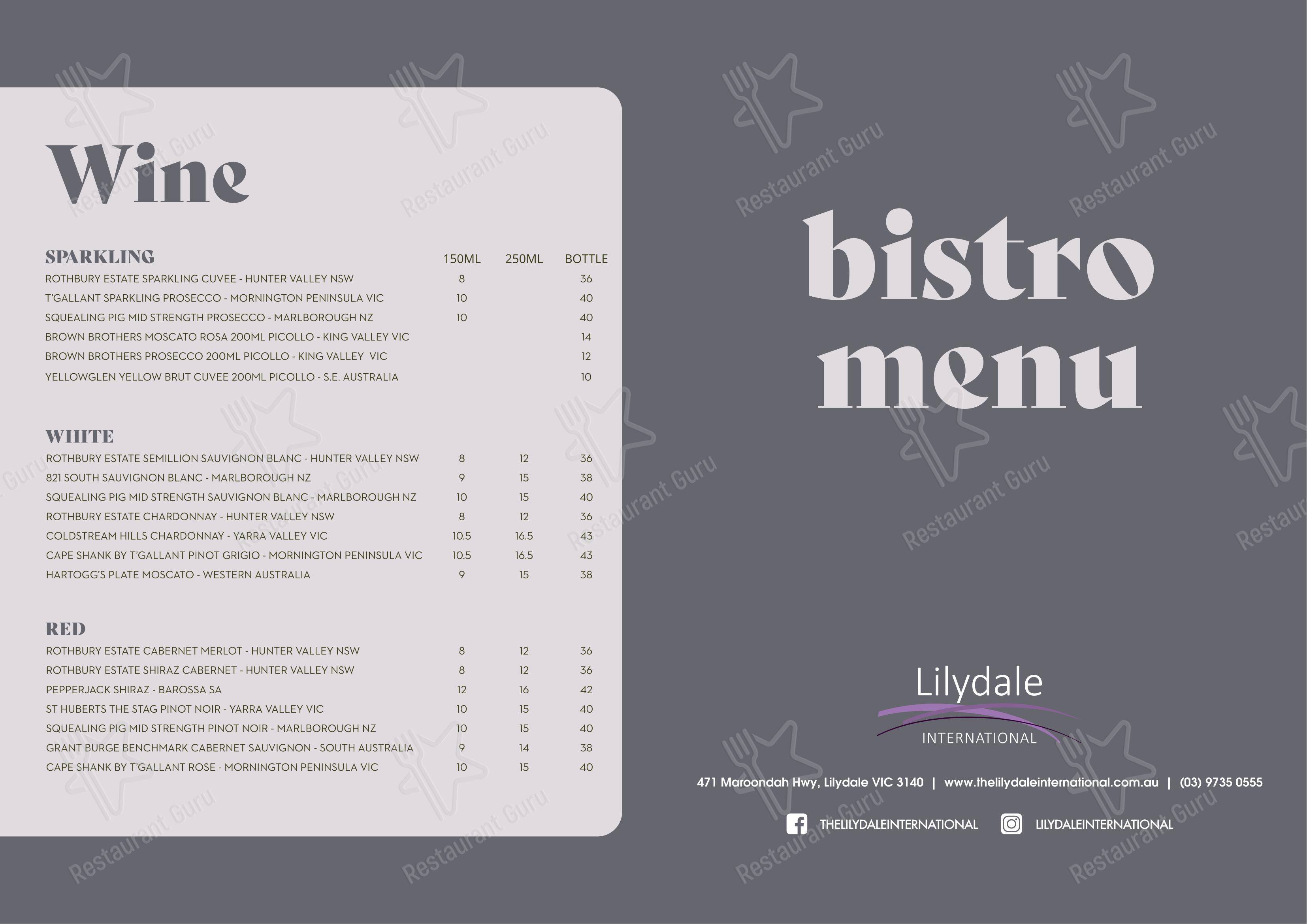Menu at The Lilydale International pub & bar, Lilydale