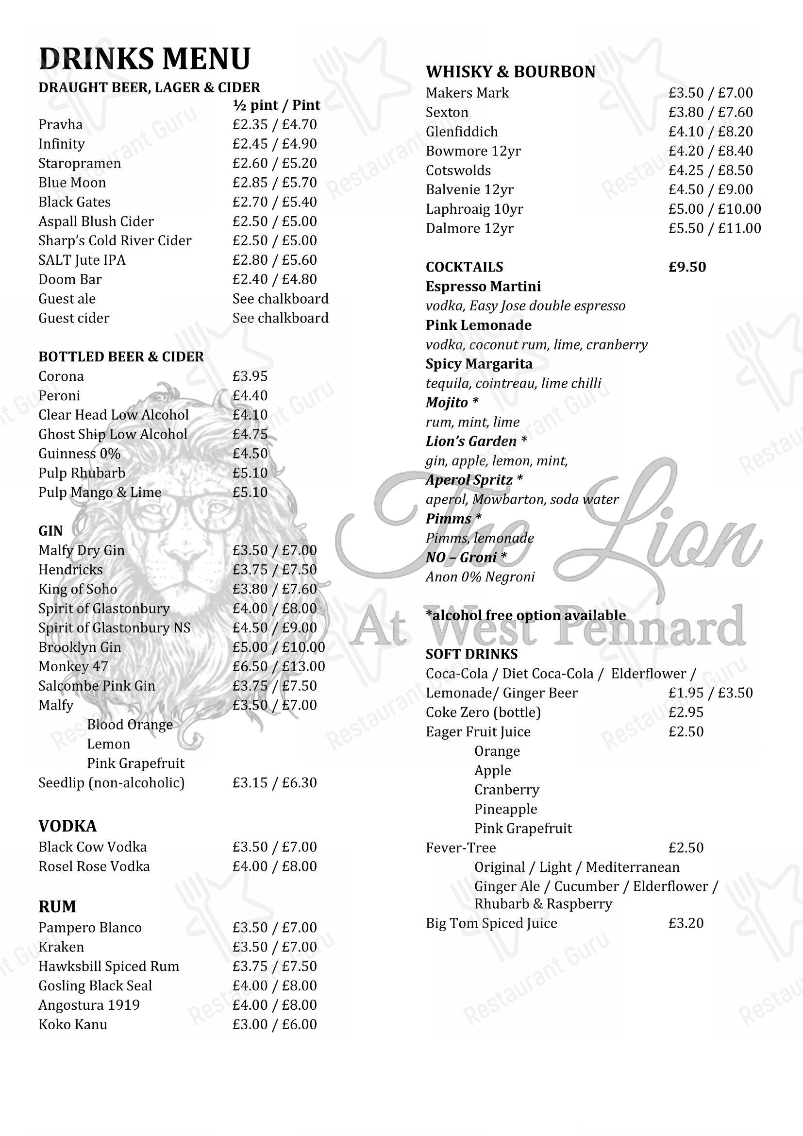 Menu at The Lion pub & bar, Glastonbury, Glastonbury Rd