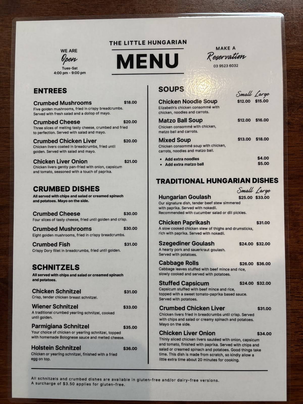 Menu at The Little Hungarian Restaurant, Caulfield South