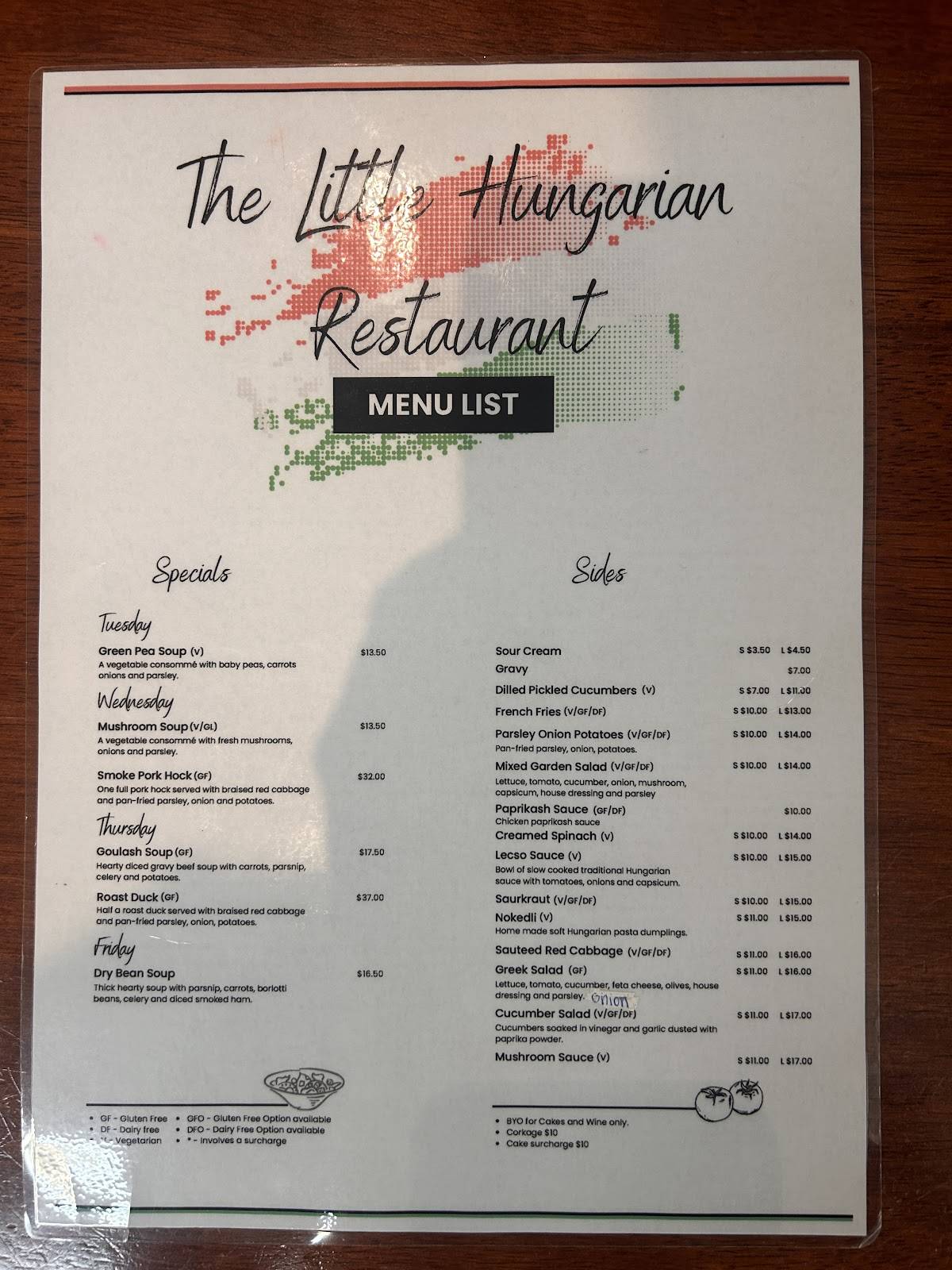 Menu at The Little Hungarian Restaurant, Caulfield South