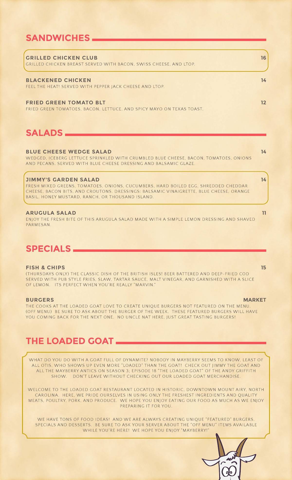 Menu at The Loaded Goat pub & bar, Mount Airy