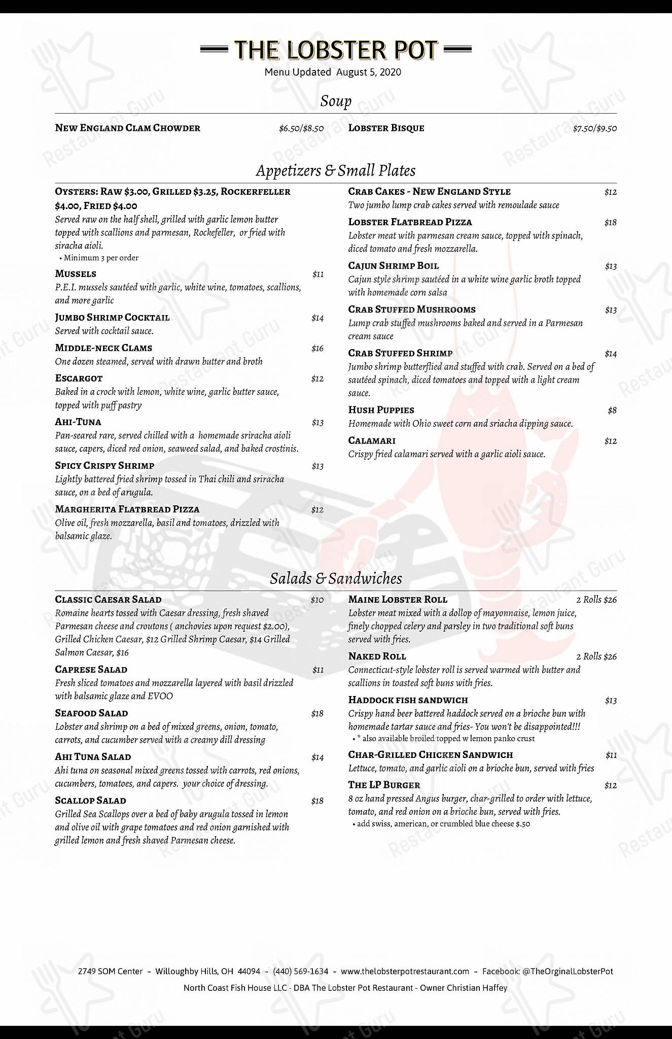 Menu at The Lobster Pot restaurant, Willoughby Hills