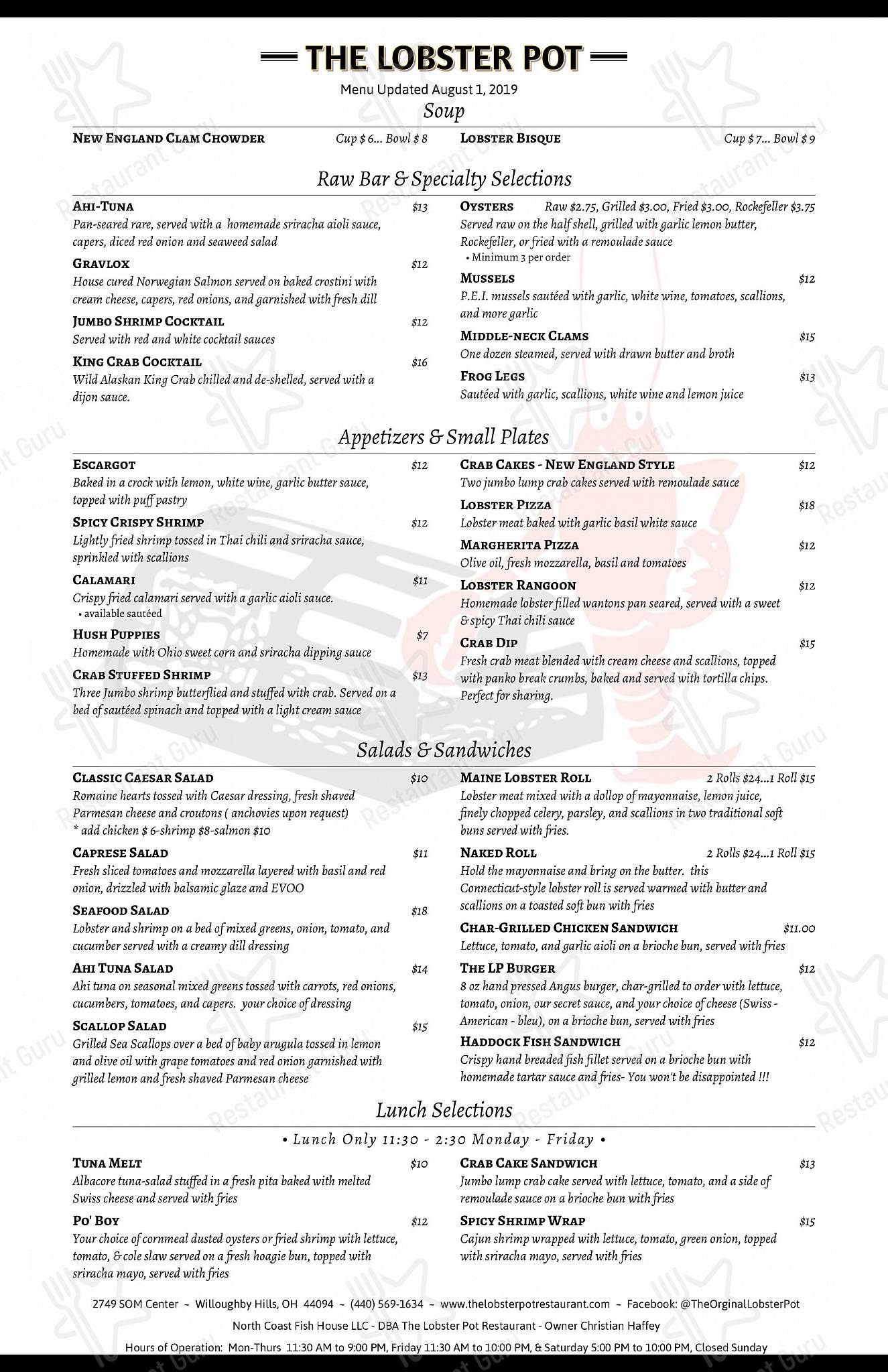 Menu at The Lobster Pot restaurant, Willoughby Hills