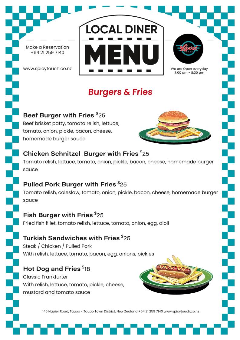 Menu at The Local Diner (Stag Park) cafe, Taupo, 140 Napier Rd