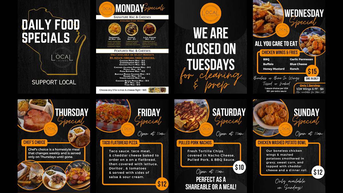 Carta del pub y bar The Local Lounge, Hilbert