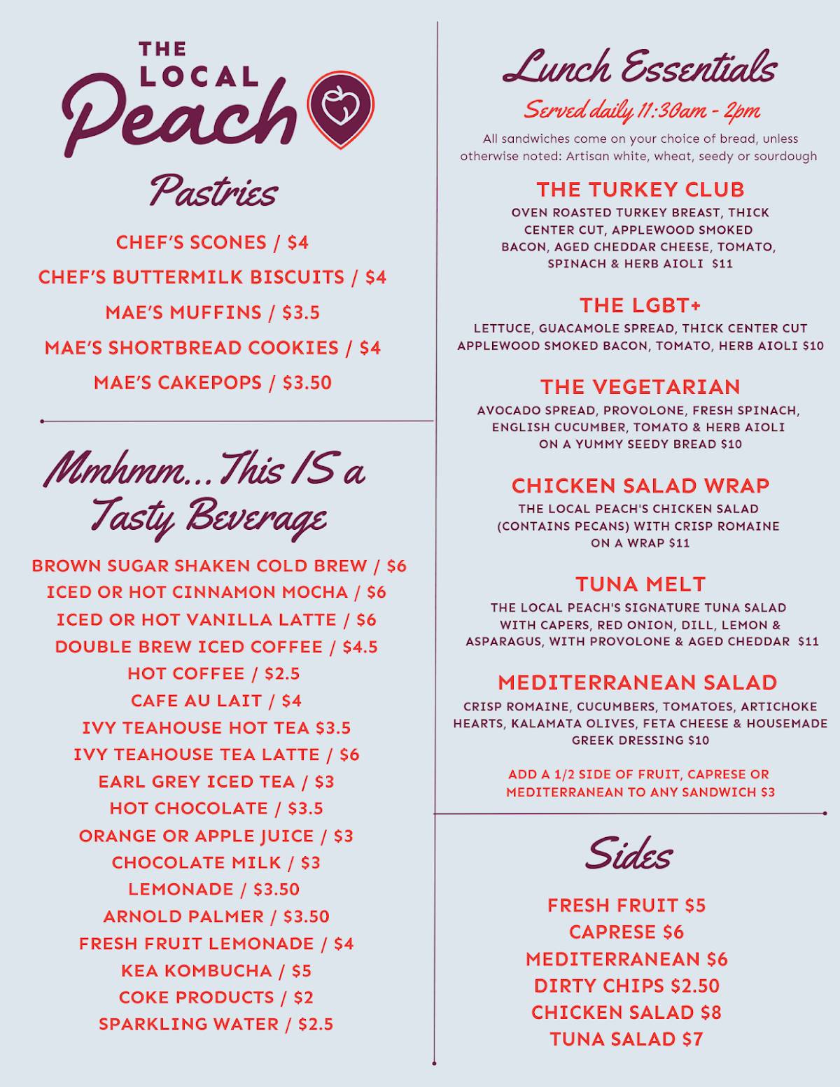 Menu at The Local Peach restaurant, Norcross