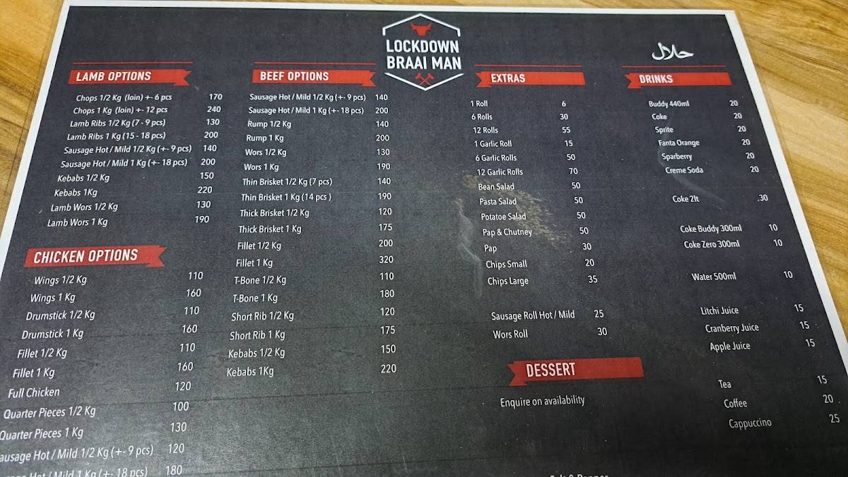 Menu at The Lockdown Braaiman restaurant, Durban