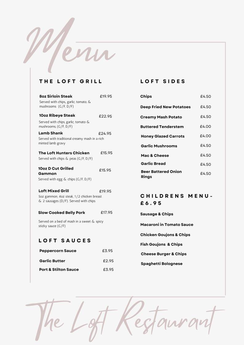 Menu at The Loft pub & bar, Neath, Glyn Clydach Hotel