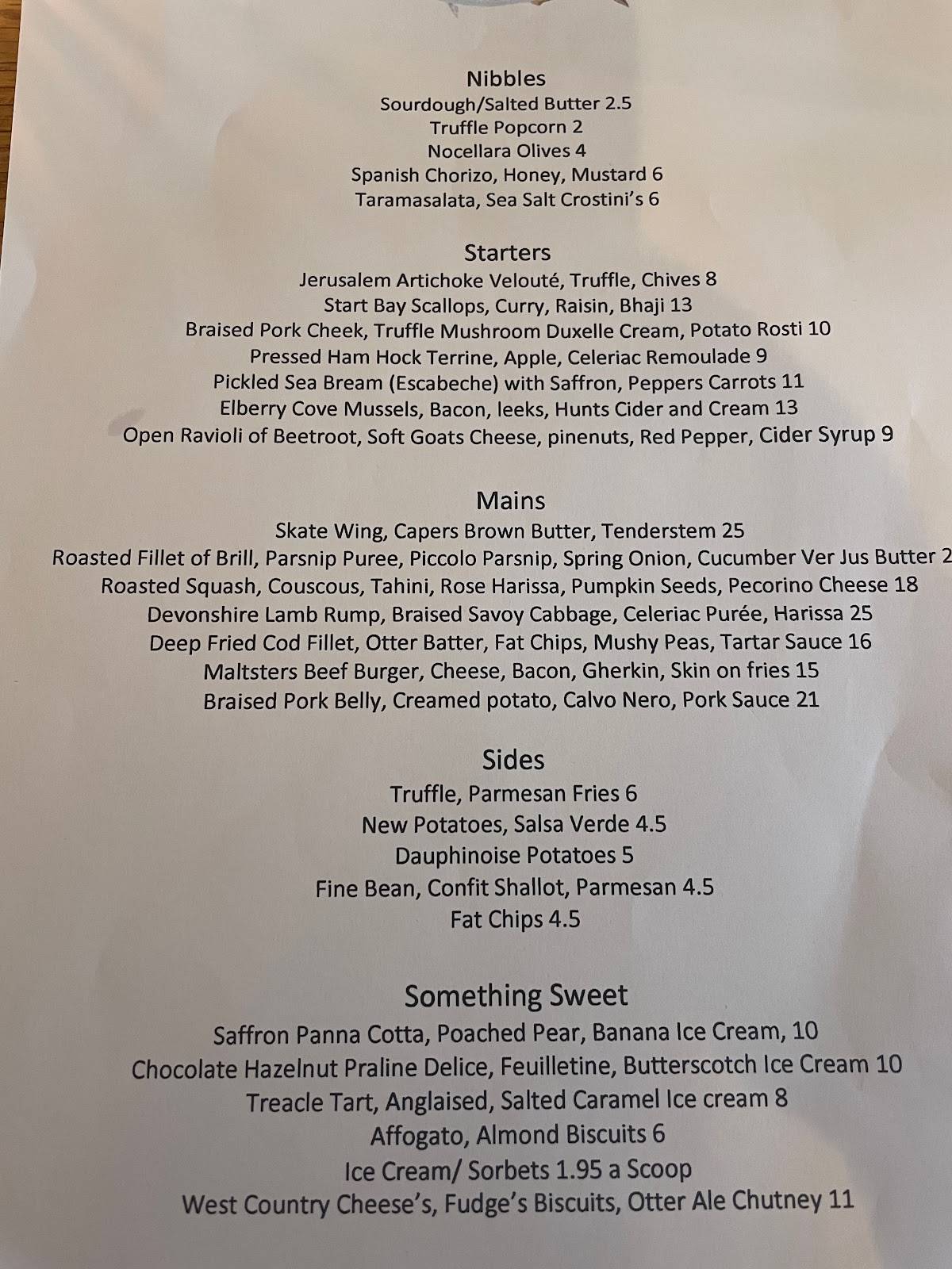 Menu at The Maltsters Arms pub & bar, Tuckenhay, The Maltsters Arms