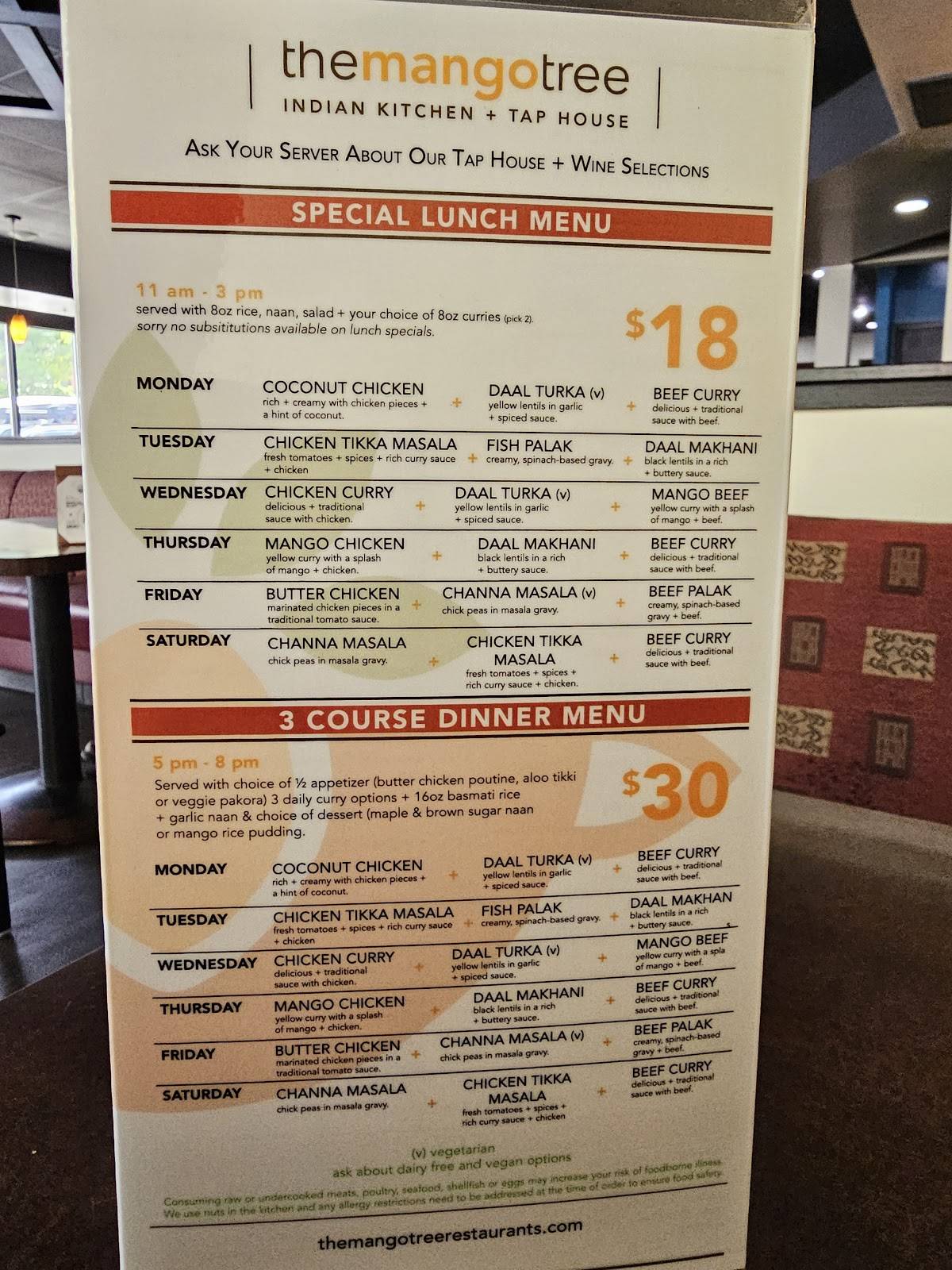 Menu at The Mango Tree restaurant, Spokane