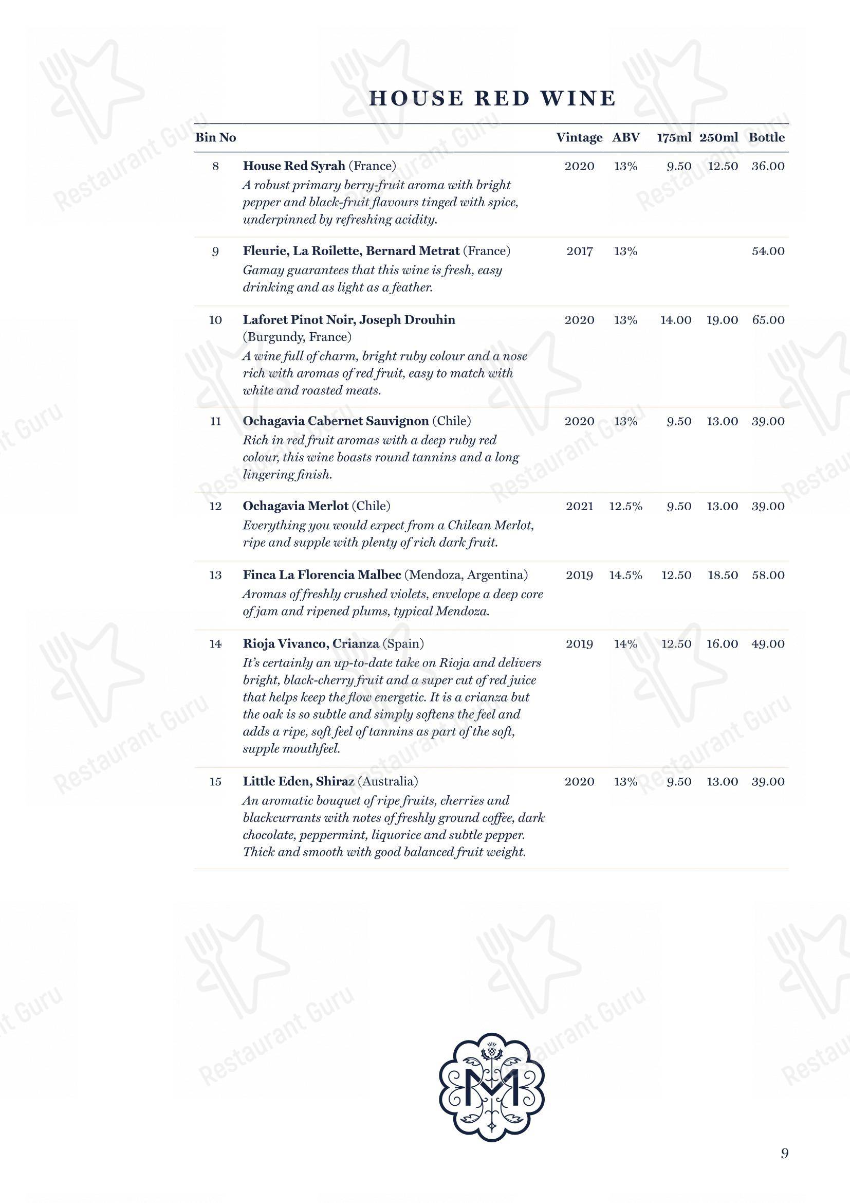 Menu at Marcliffe restaurant, Aberdeen