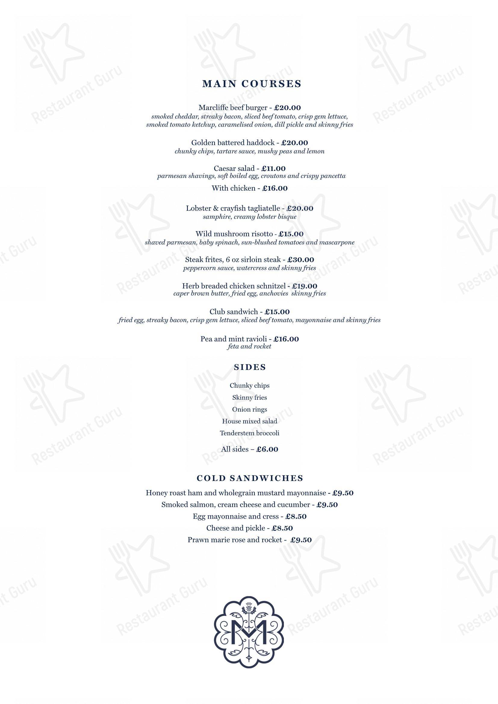 Menu at Marcliffe restaurant, Aberdeen