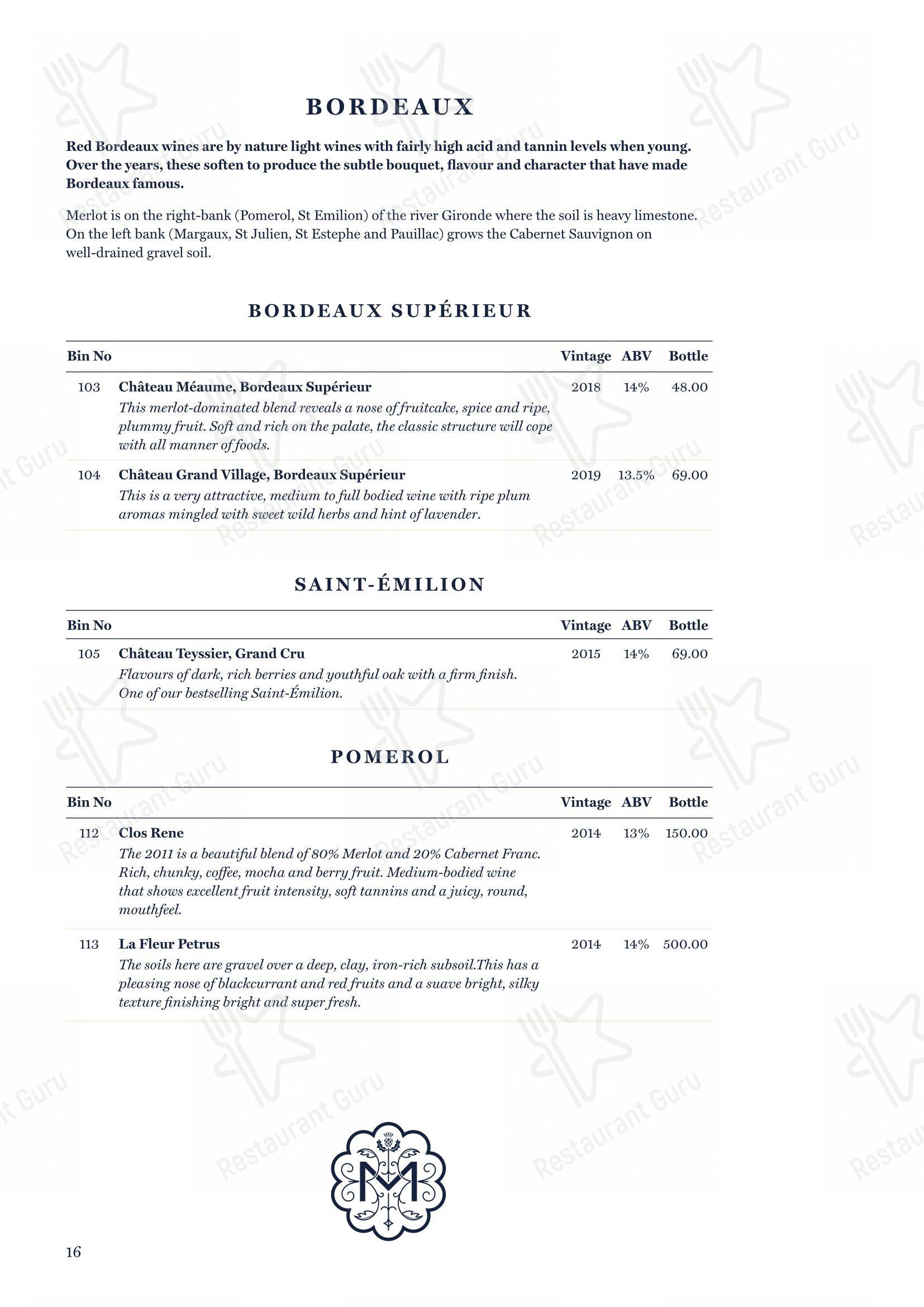 Menu at Marcliffe restaurant, Aberdeen