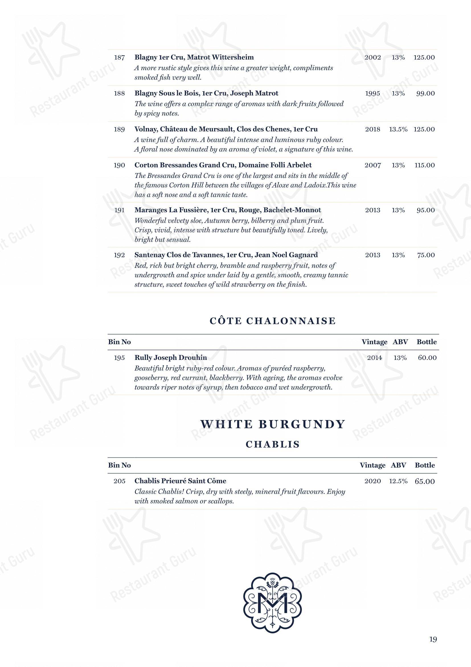 Menu at Marcliffe restaurant, Aberdeen