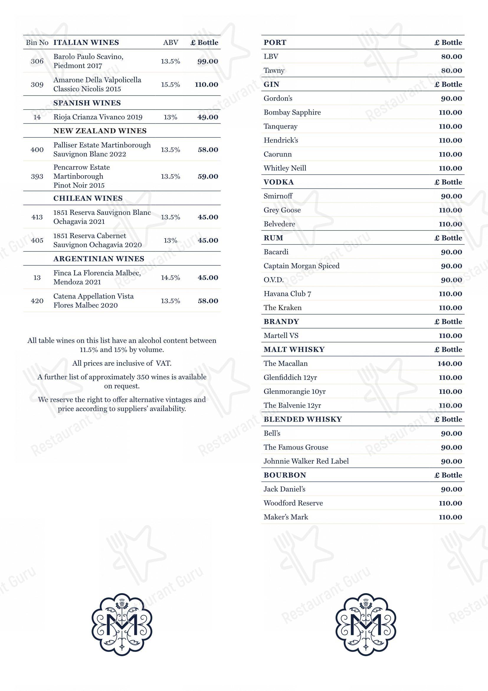 Menu at Marcliffe restaurant, Aberdeen