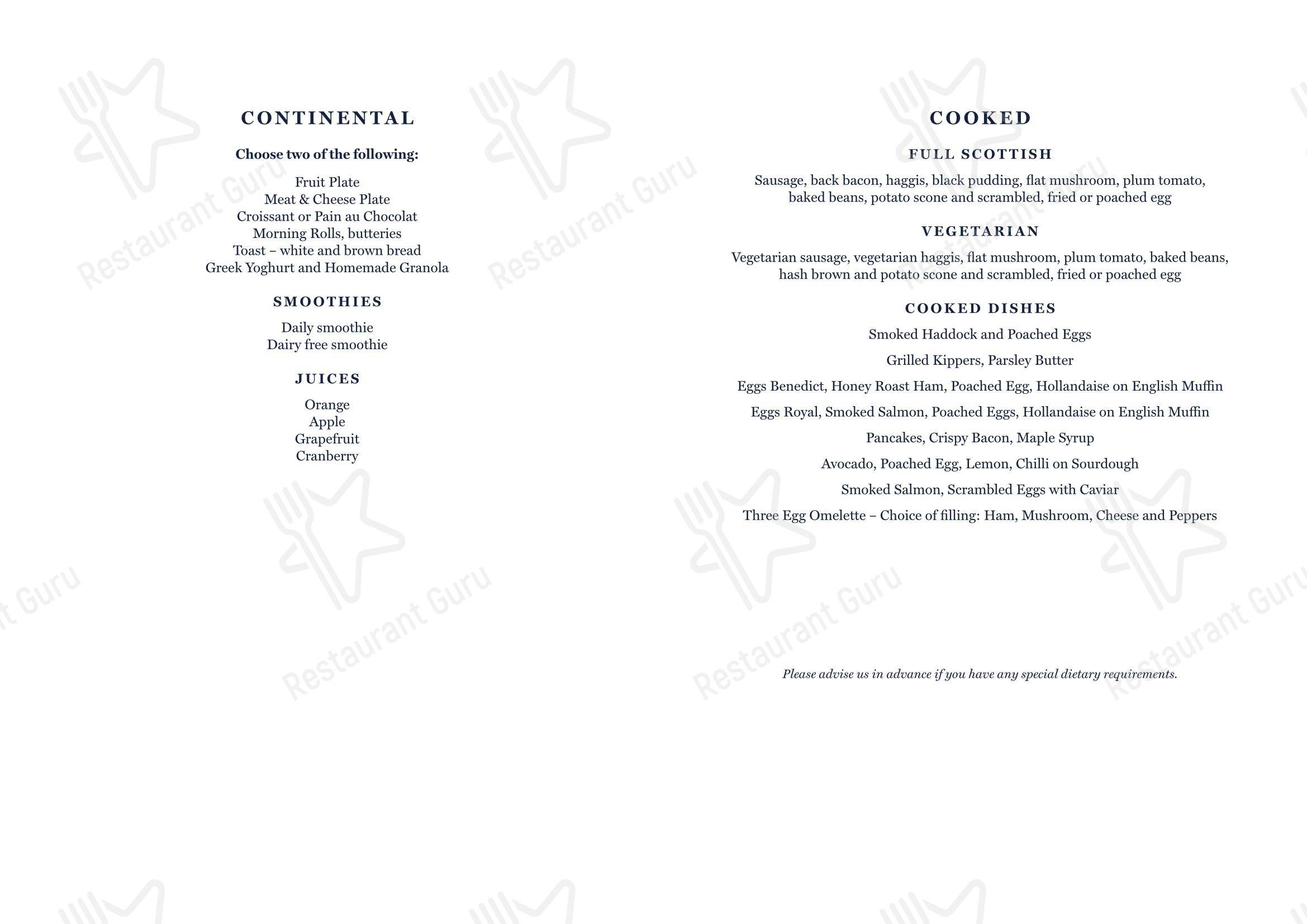 Menu at Marcliffe restaurant, Aberdeen