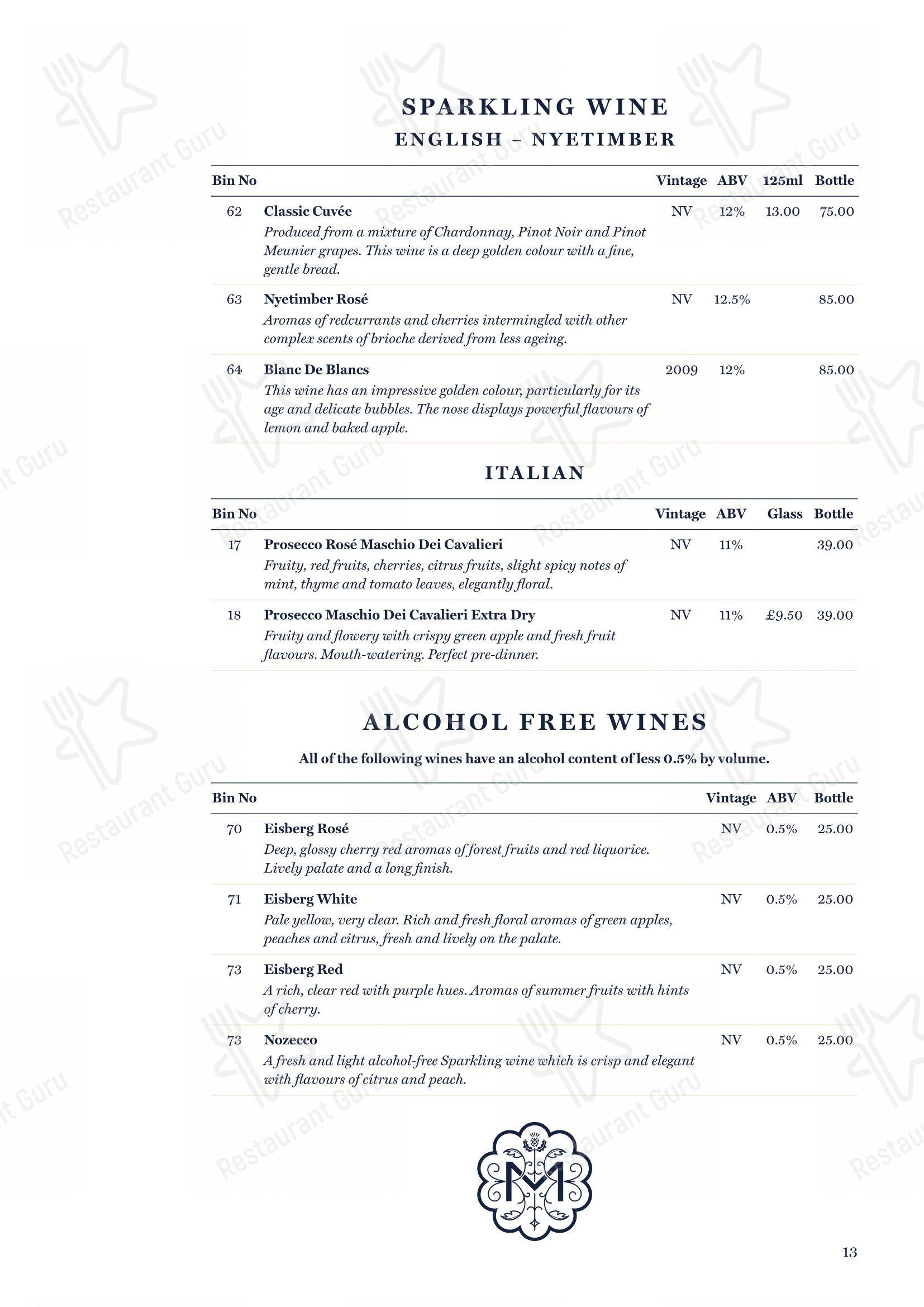 Menu at Marcliffe restaurant, Aberdeen