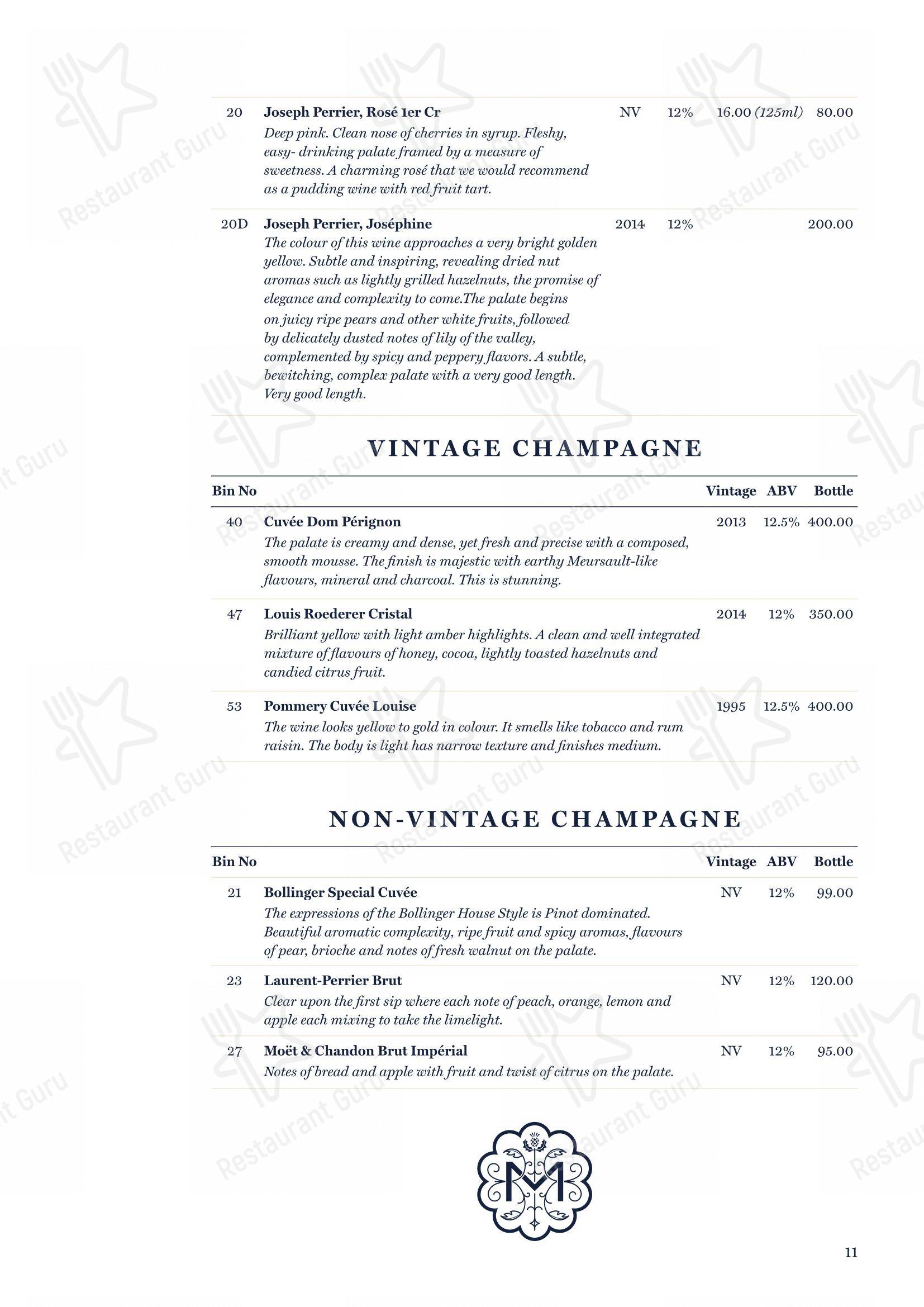 Menu at Marcliffe restaurant, Aberdeen