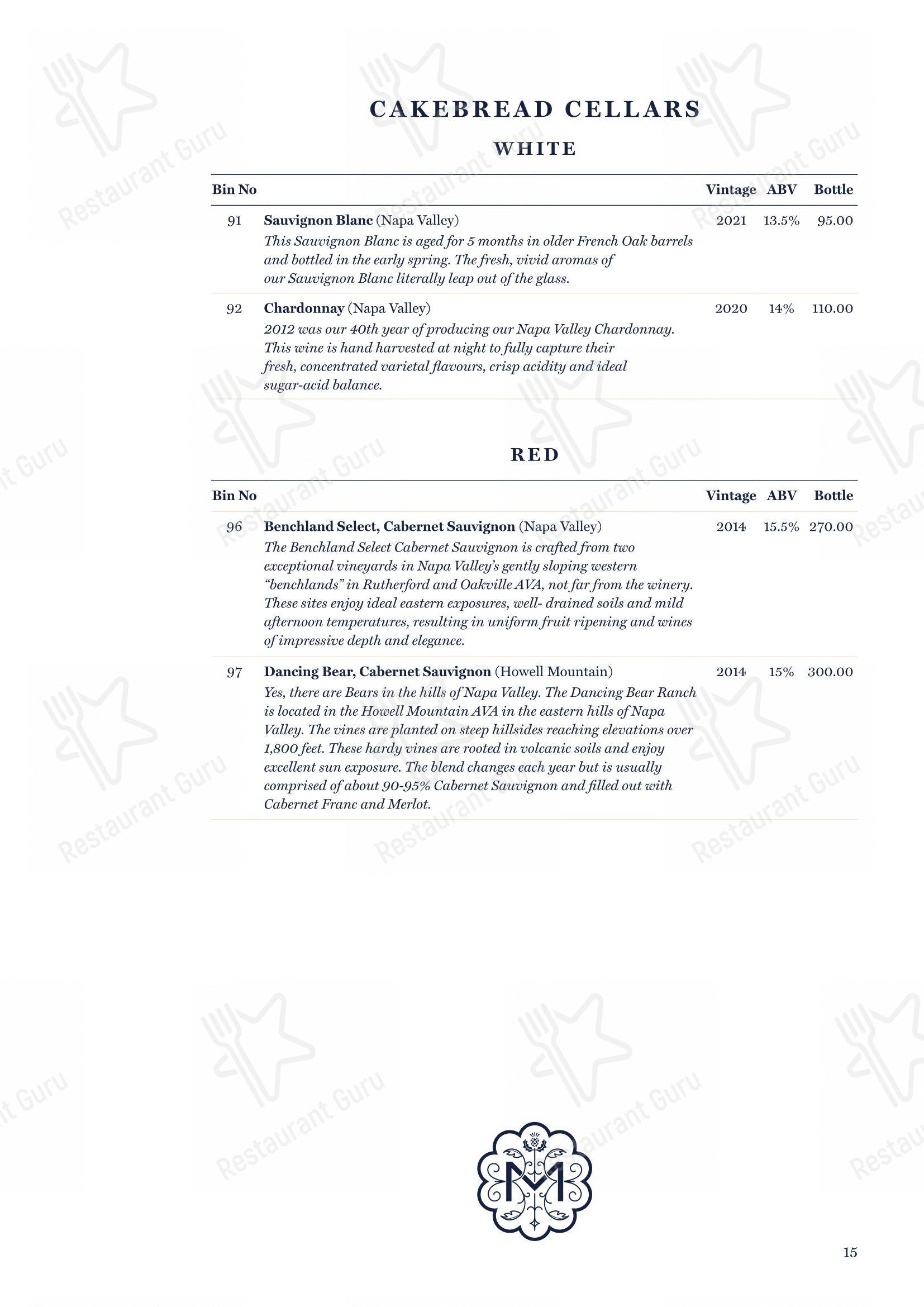 Menu at Marcliffe restaurant, Aberdeen