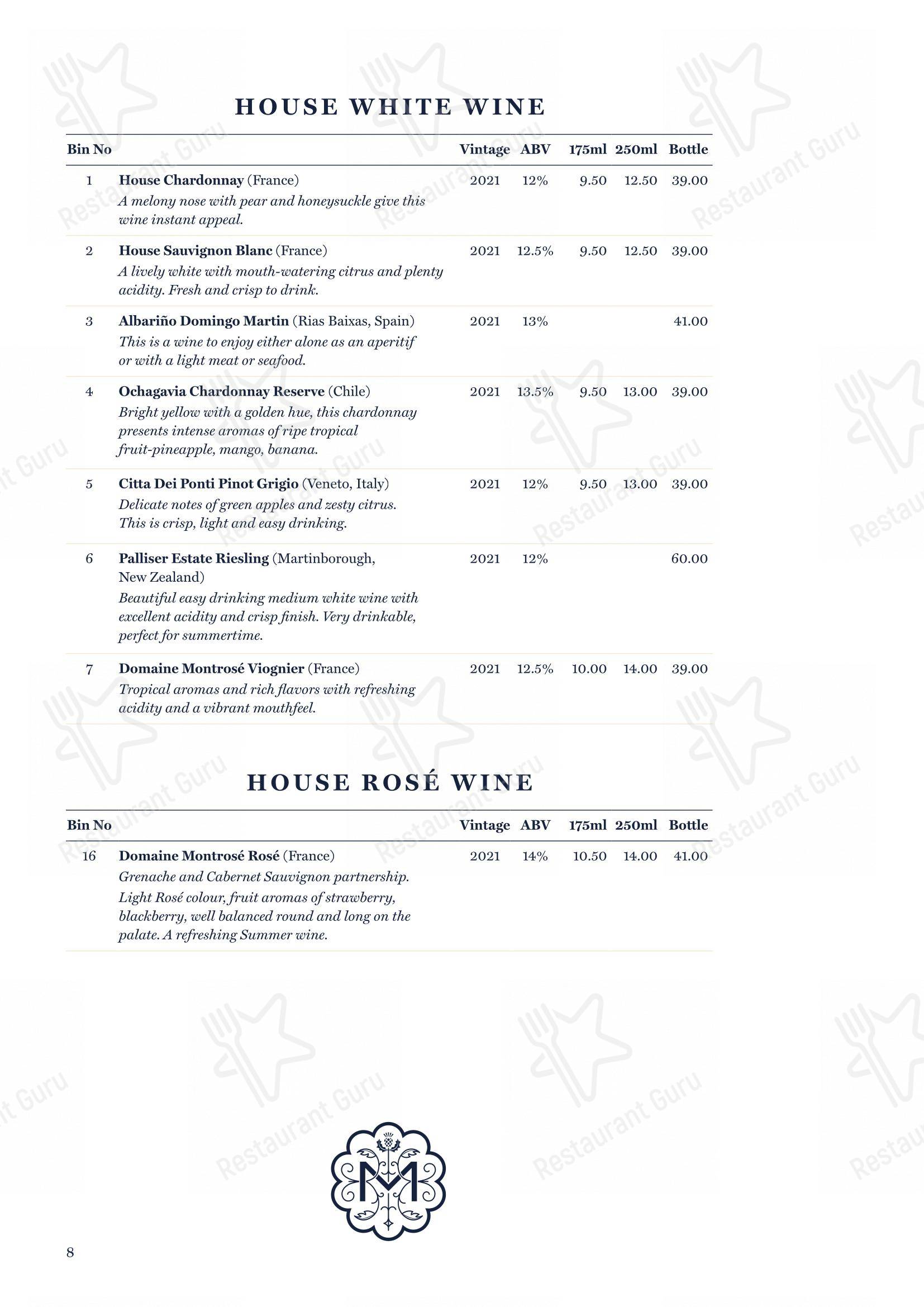 Menu at Marcliffe restaurant, Aberdeen