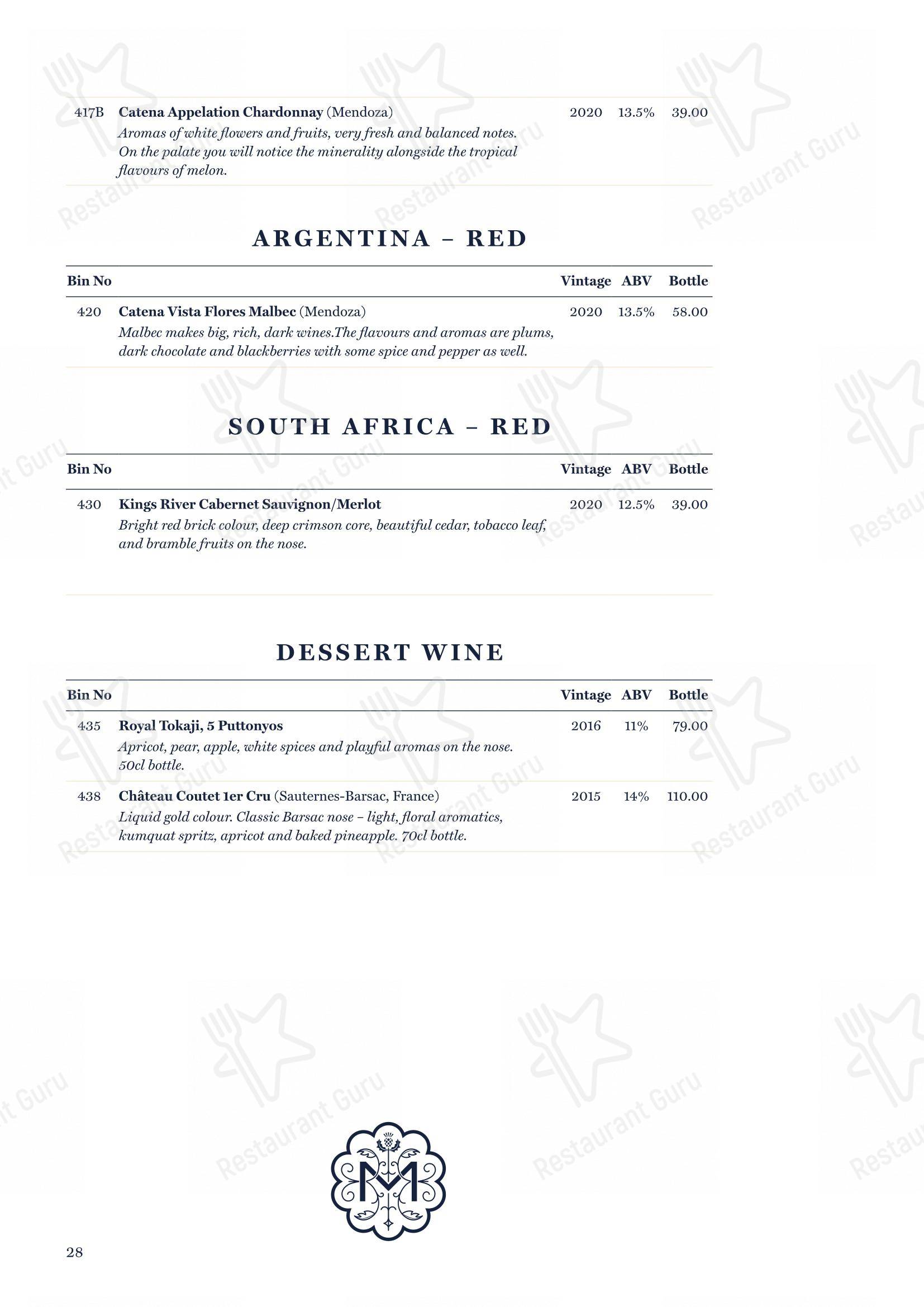 Menu at Marcliffe restaurant, Aberdeen