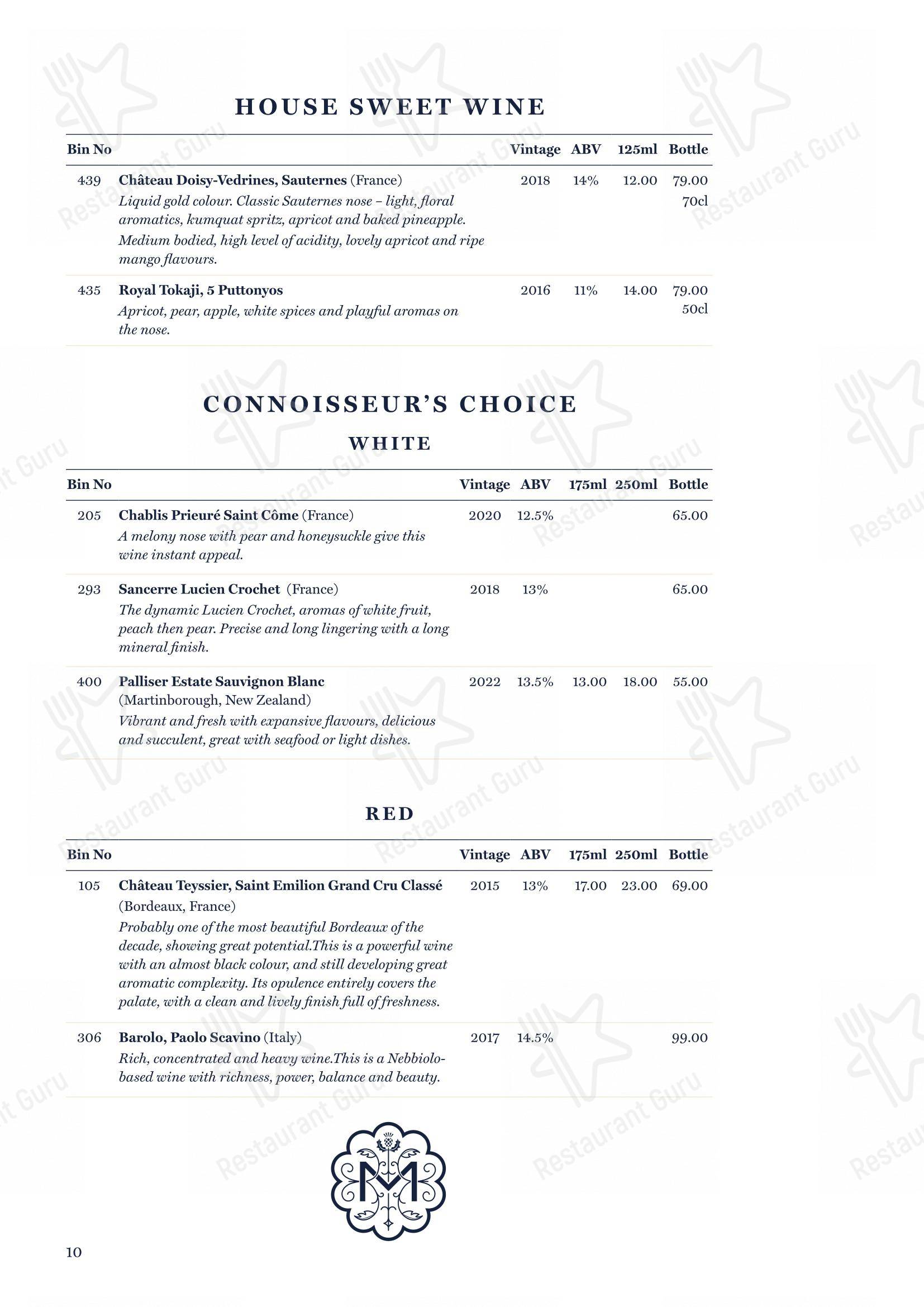 Menu at Marcliffe restaurant, Aberdeen