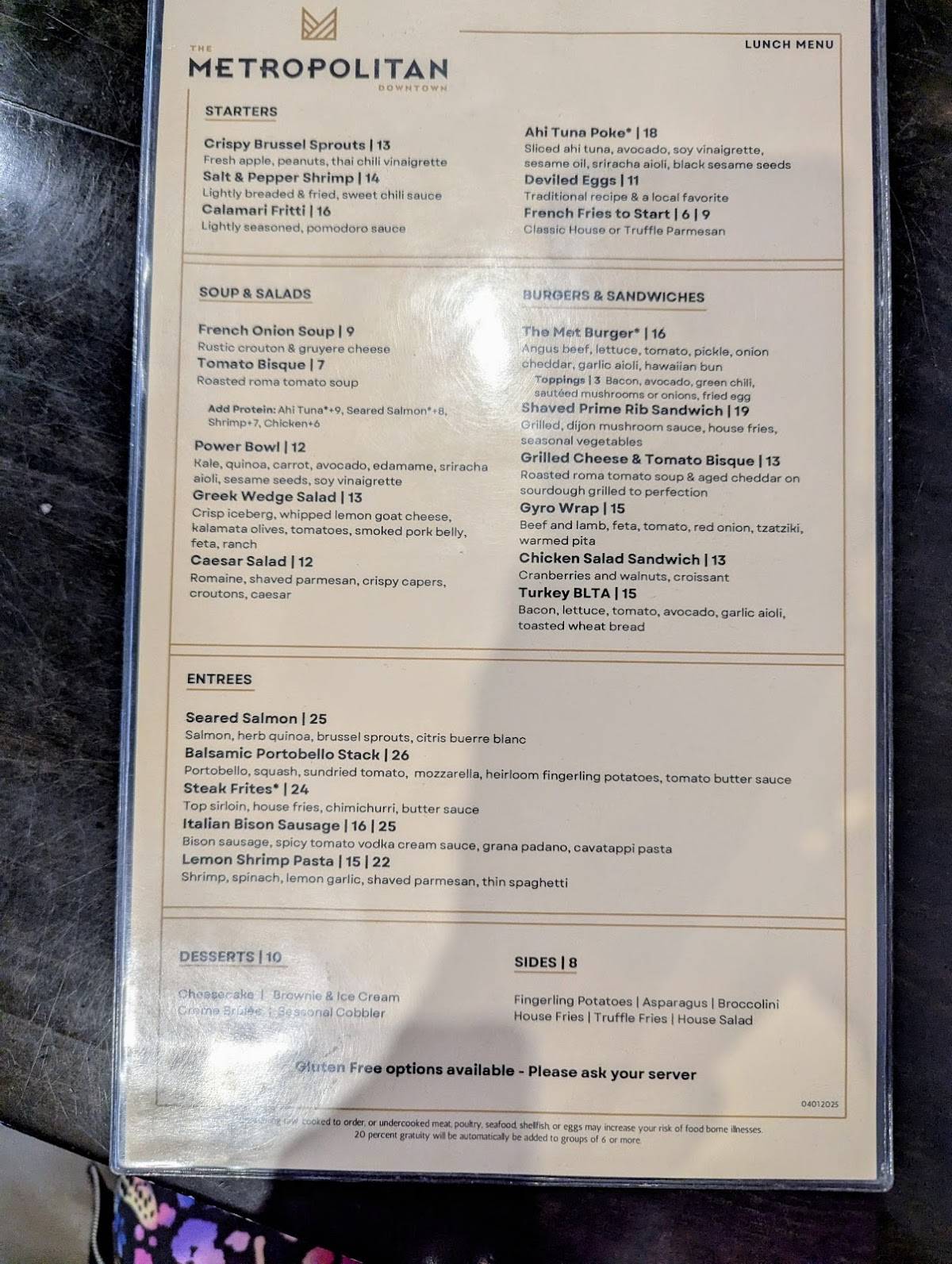 Menu at The Metropolitan Downtown steakhouse, Cheyenne