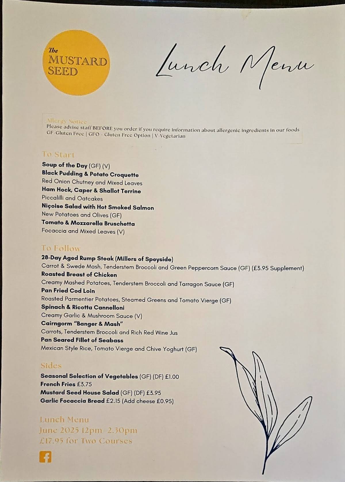Menu at The Mustard Seed Restaurant, Inverness