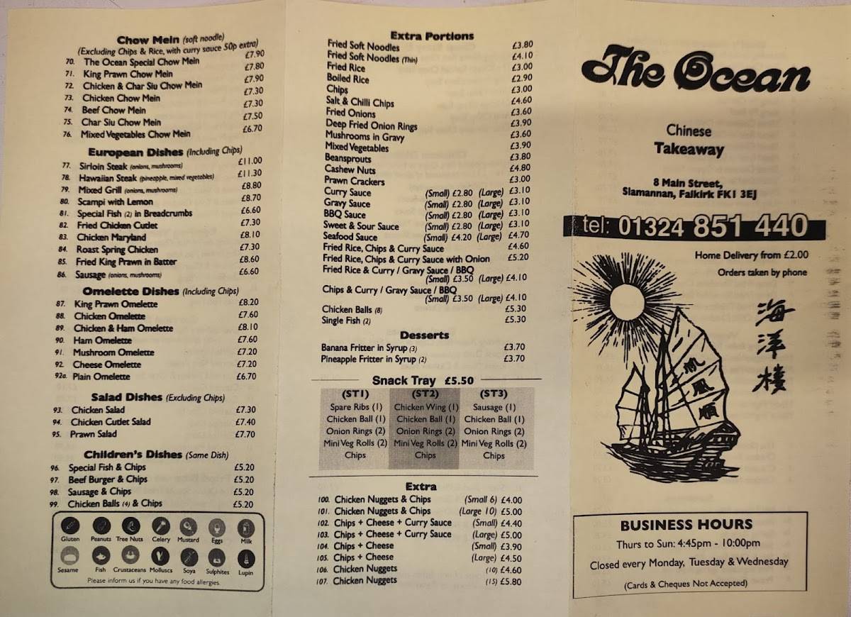 Menu at The Ocean Chinese Takeaway restaurant, Slamannan